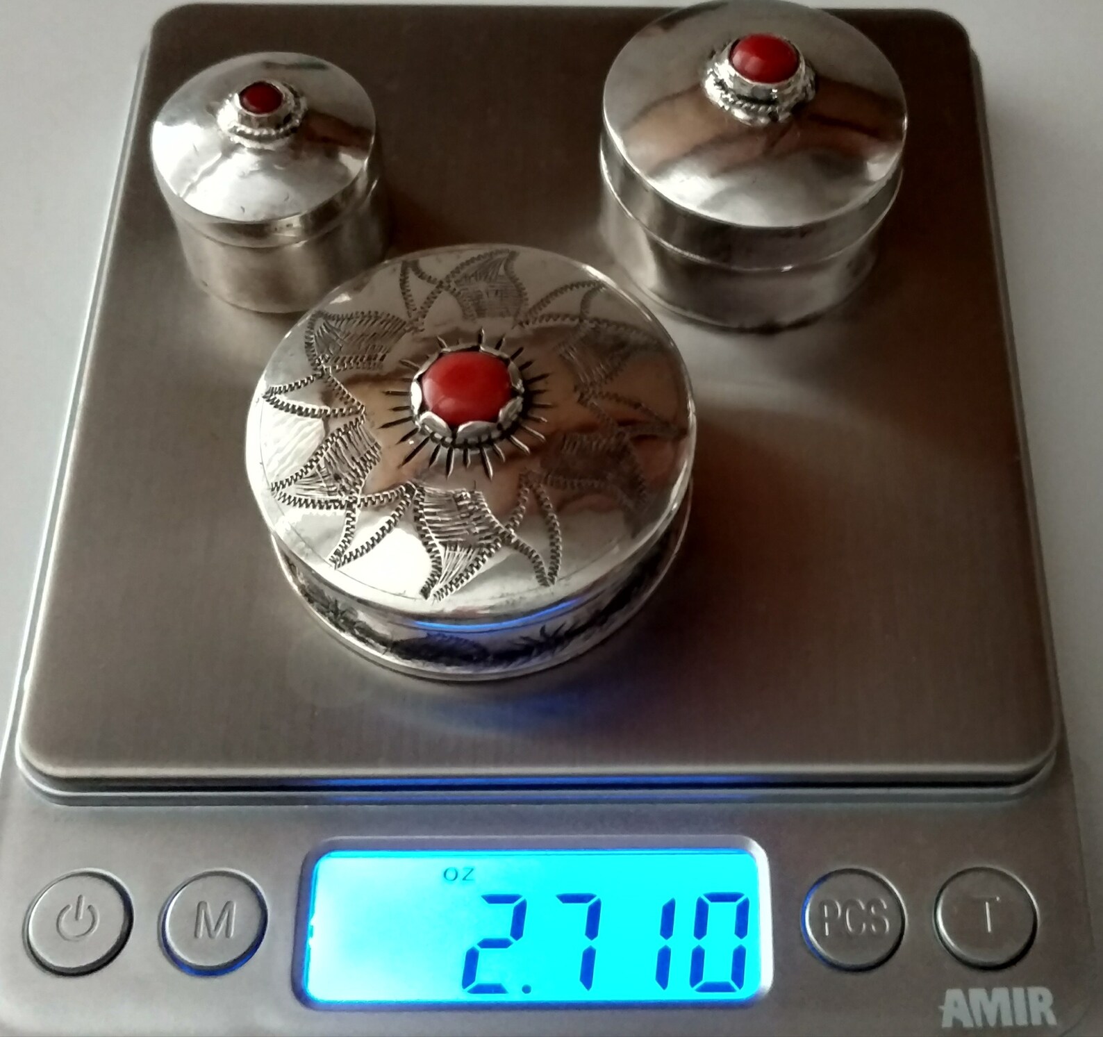 3 Solid Silver Round Boxes, Set of 3, Trinket Ring Holder, Red Agate ...