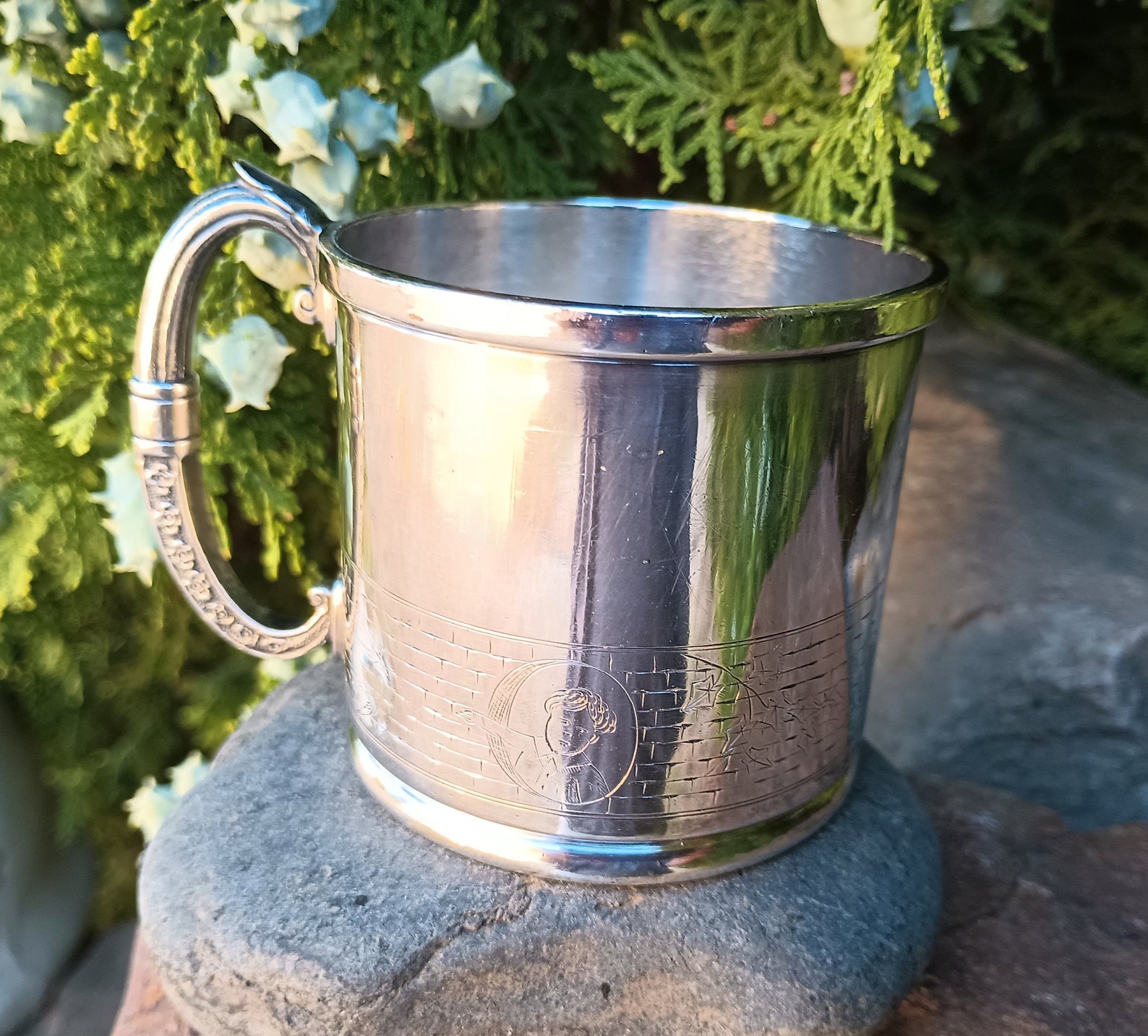 REED & BARTON Child Cup, Silver Soldered 1370, Engraved Brick Border ...