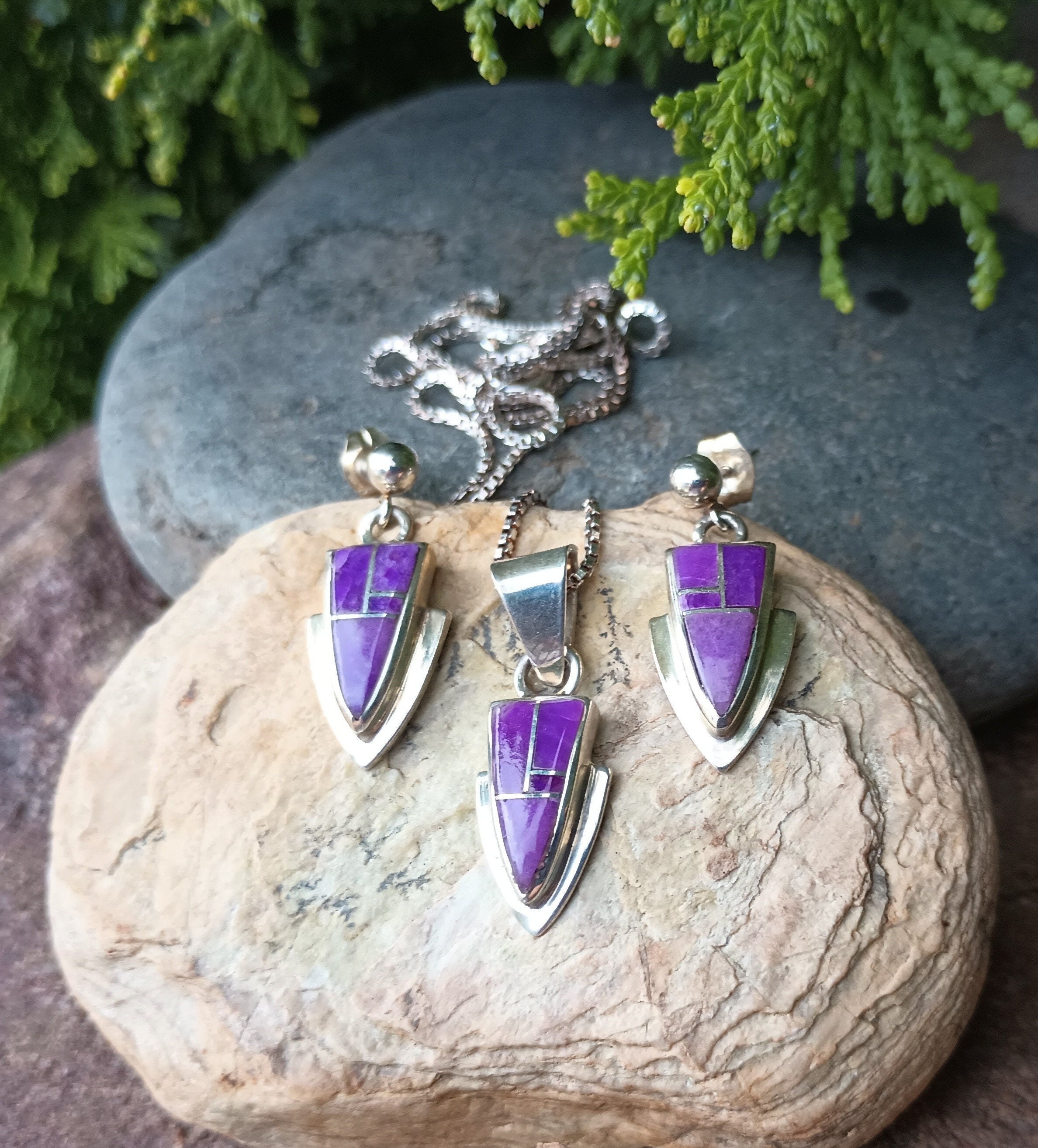 Ervin Hoskie Sterling Silver Sugilite Inlay Pendant & Earring Set ...