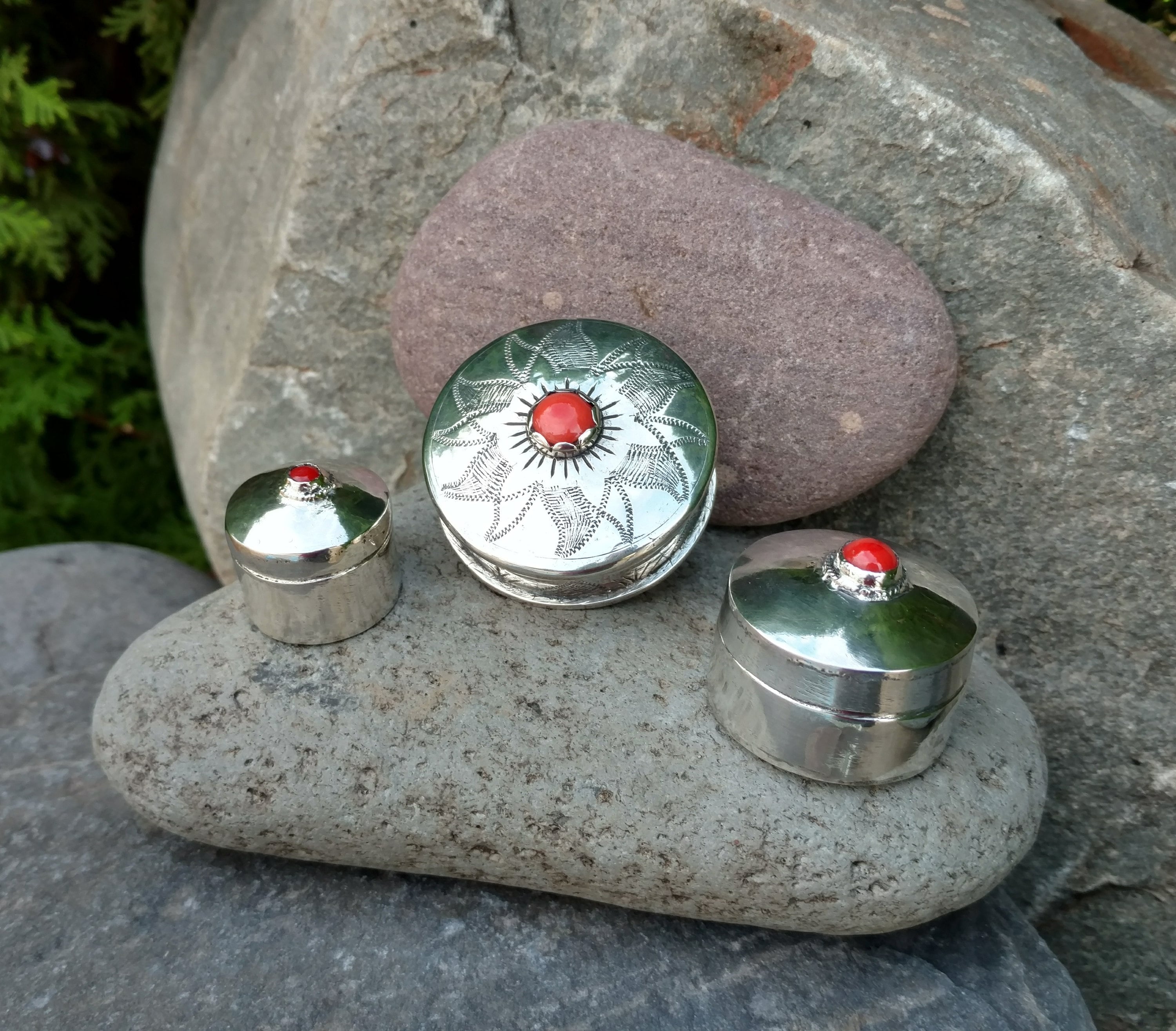 3 Solid Silver Round Boxes, Set of 3, Trinket Ring Holder, Red Agate ...