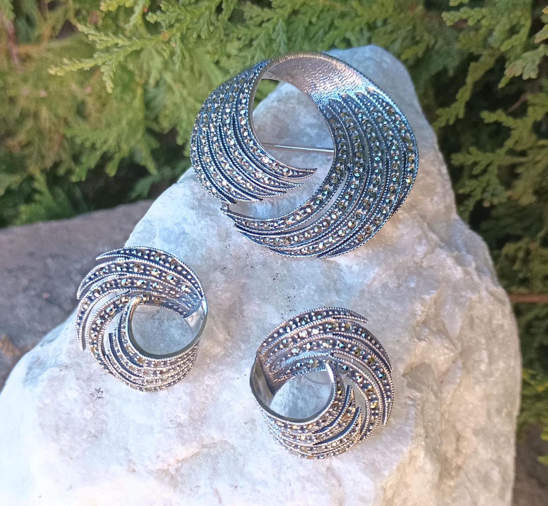 JUDITH JACK Sterling Silver Marcasite Earrings & Brooch, Designer ...
