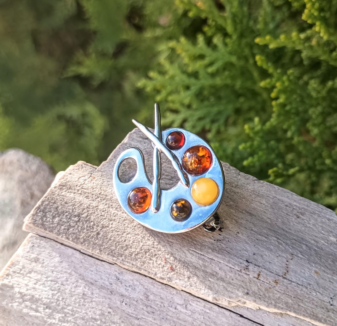 Amber Sterling Silver Artist Palette Brooch, Vintage Jewelry 925 ...