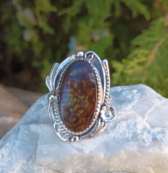 Fire Agate Sterling Silver Ring, Vintage Native Ameri… - Gem