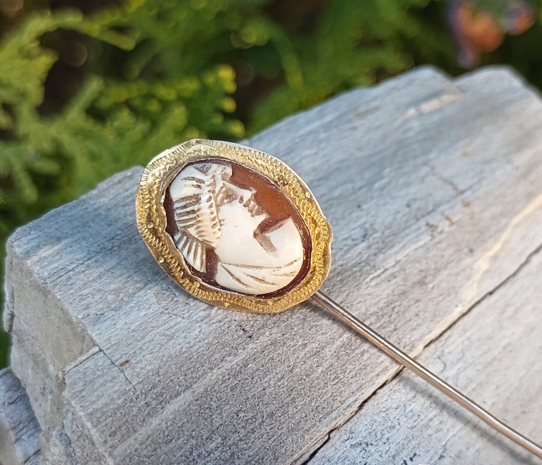 10KT Gold Cameo Carved Shell Stick Pin, Antique 10K Gold Scarf Pin ...