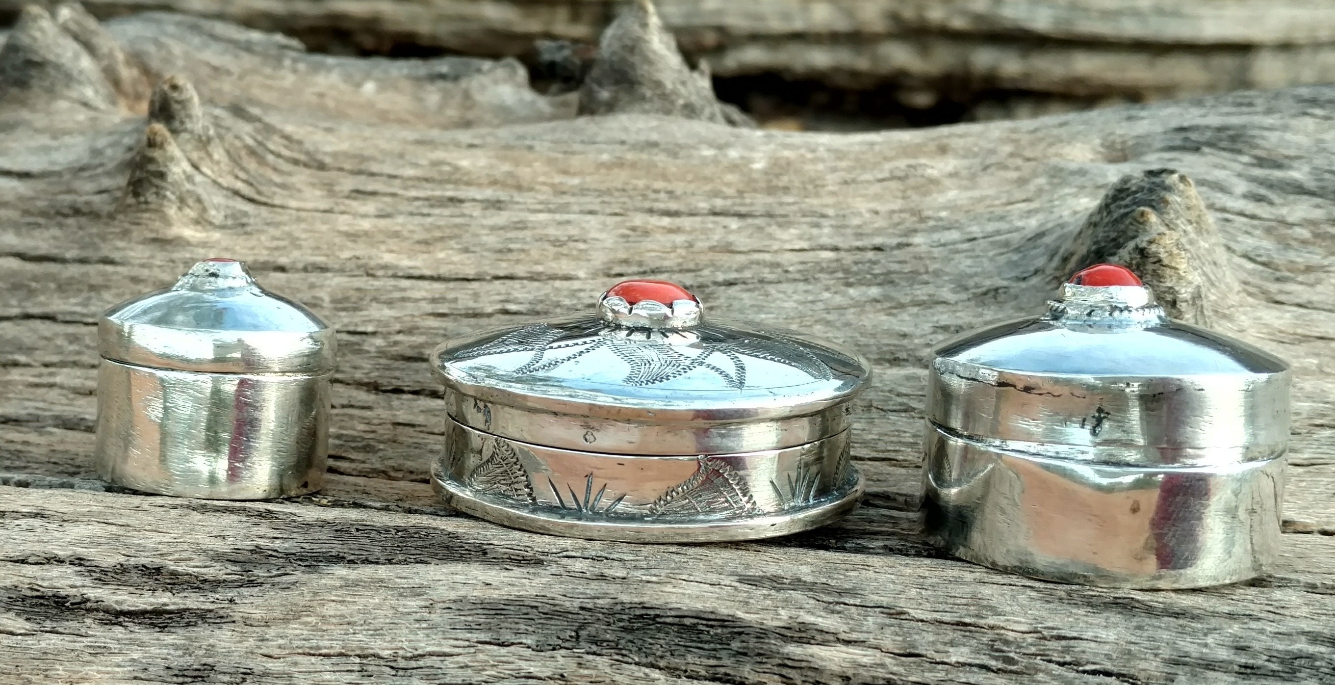 3 Solid Silver Round Boxes, Set of 3, Trinket Ring Holder, Red Agate ...