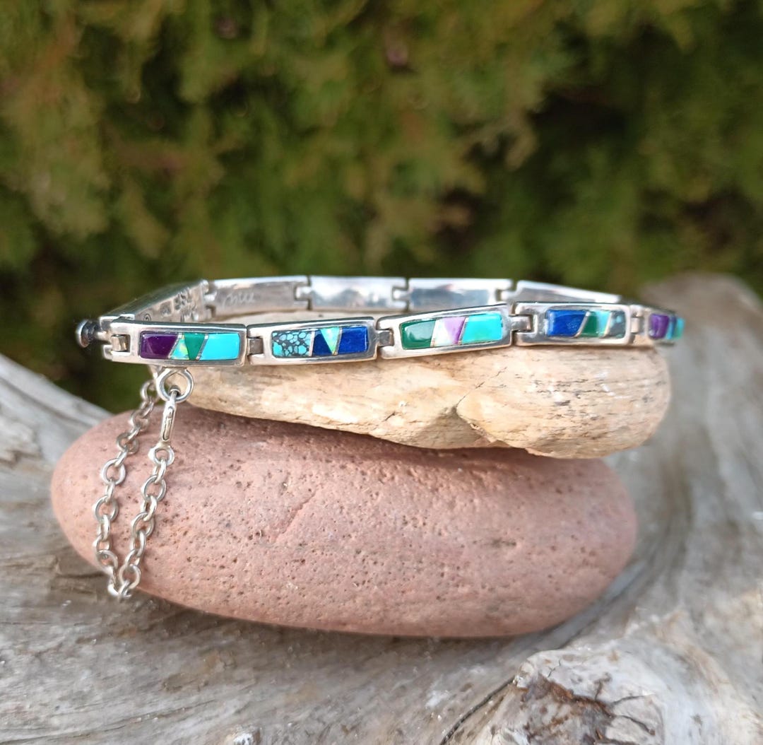 EARL PLUMMER TSF Dine' Sterling Silver Inlay Bracelet Safety Chain ...