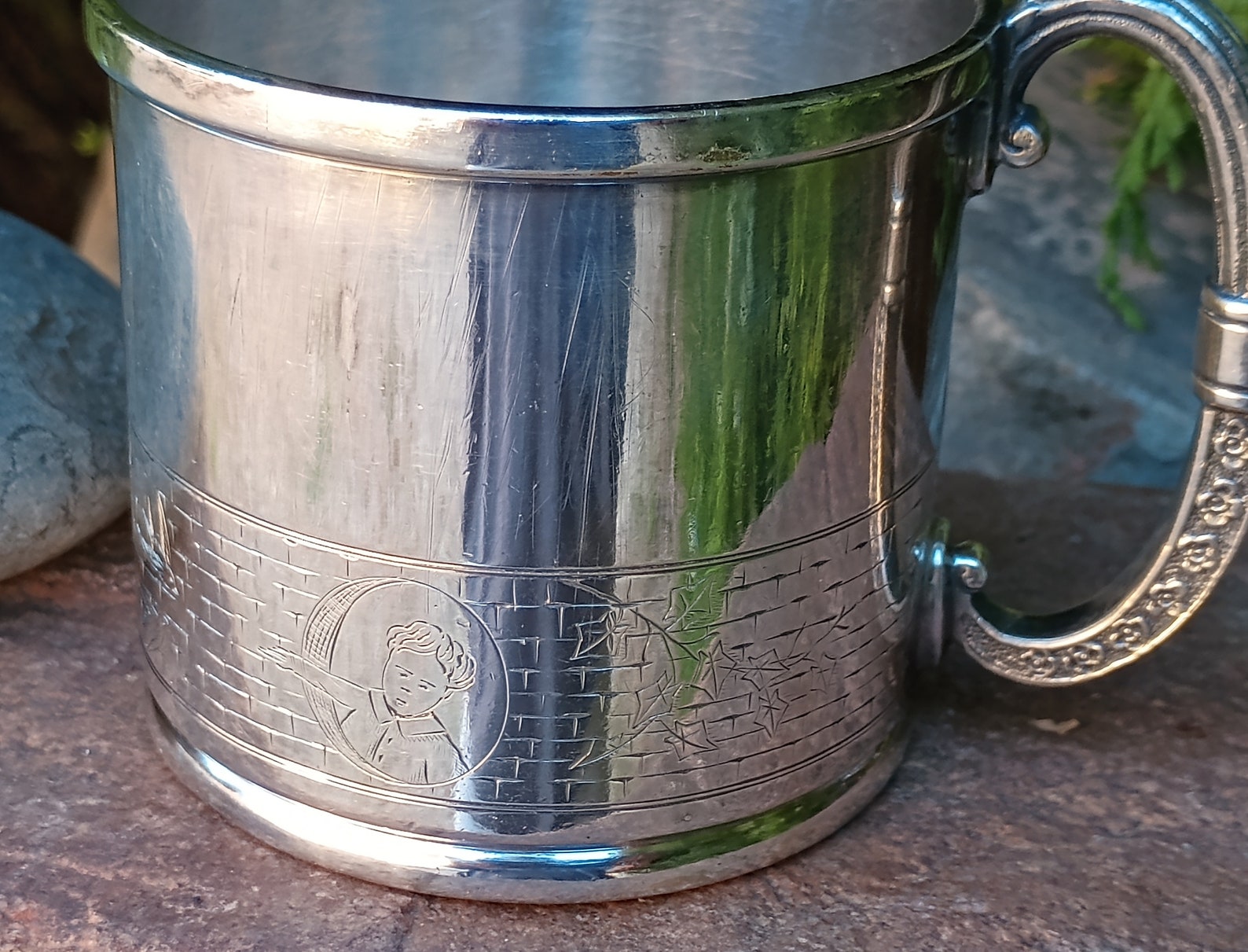 REED & BARTON Child Cup, Silver Soldered 1370, Engraved Brick Border ...