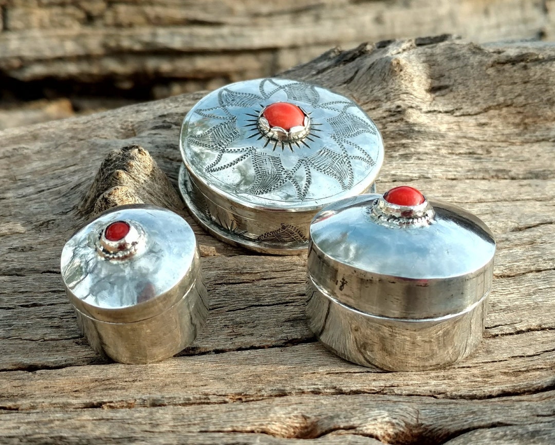3 Solid Silver Round Boxes, Set of 3, Trinket Ring Holder, Red Agate ...