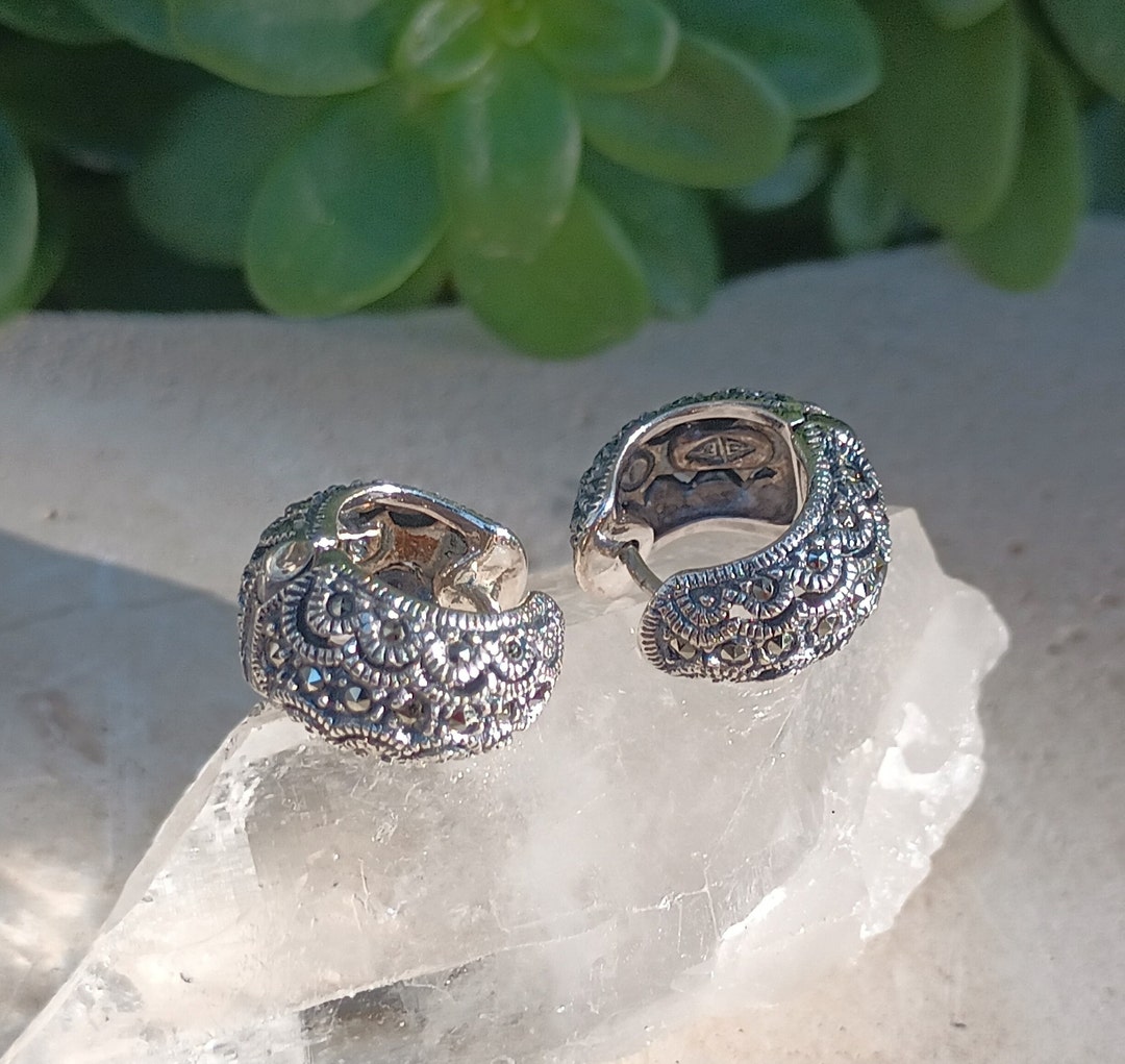 JUDITH JACK Sterling Silver Marcasite Earrings, Hinged Huggie Style ...