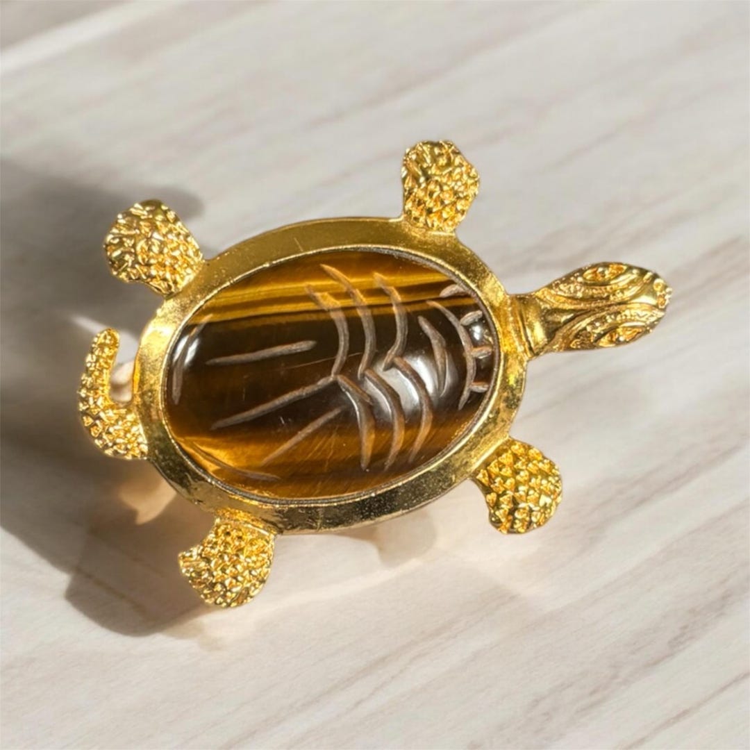 Turtle Gold Toned Tigers Eye Scarab Brooch - Etsy