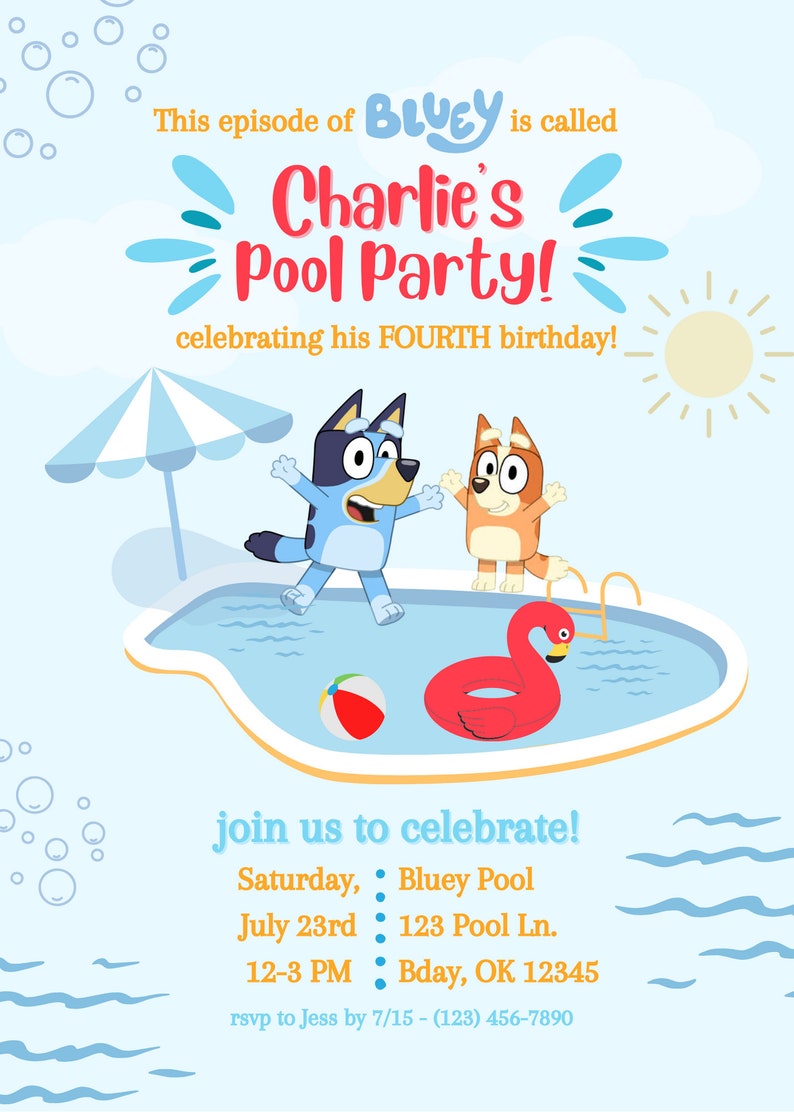 Bluey Pool Party Invitation *blue Background - Etsy