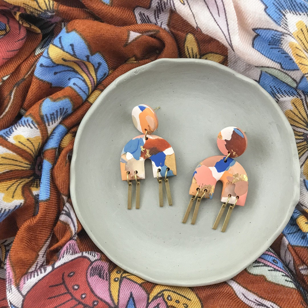 Abstract Statement Earrings Geometric Polymer Clay and Brass Drop ...