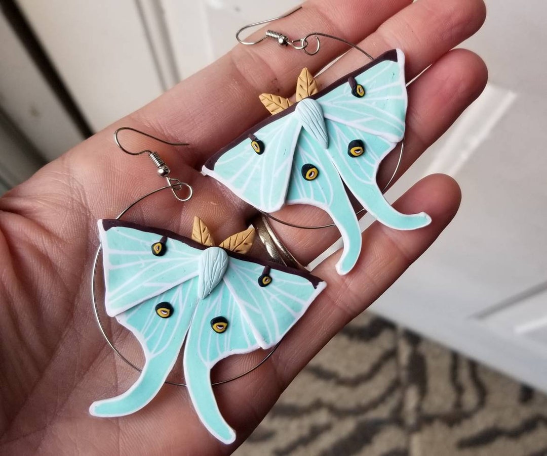 Polymer Clay Luna Moth Statement Hoop Earrings, Luna Moth Earrings, Hoop Earrings, Statement ...