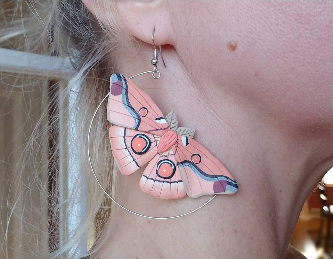 Polymer Clay Moth Statement Hoop Earrings, Moth Hoop Earrings, Moth ...