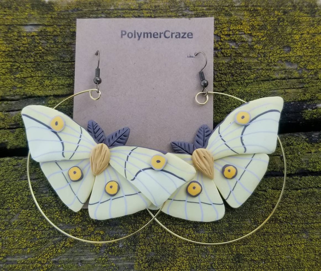 Polymer Clay Gum Moth Hoop Earrings, Moth Hoop Earrings, Yellow Moth ...