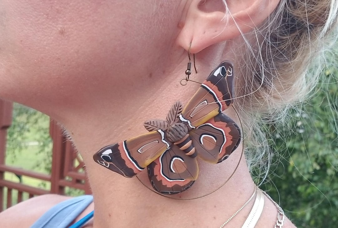 Polymer Clay Moth Statement Hoop Earrings, Moth Hoop Earrings, Moth ...