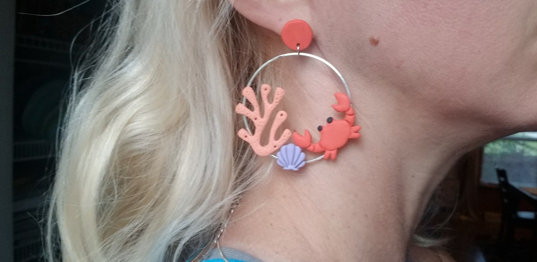 Polymer Clay Crab Hoop Statement Earrings, Crab Hoop Earrings, Crab ...