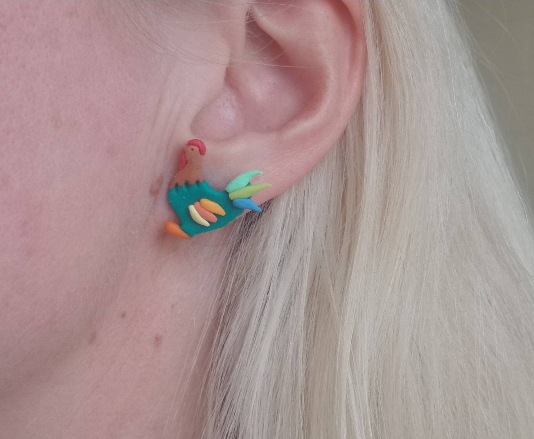 Polymer Clay Rooster Stud Earrings, Rooster Stud Earrings, Rooster ...