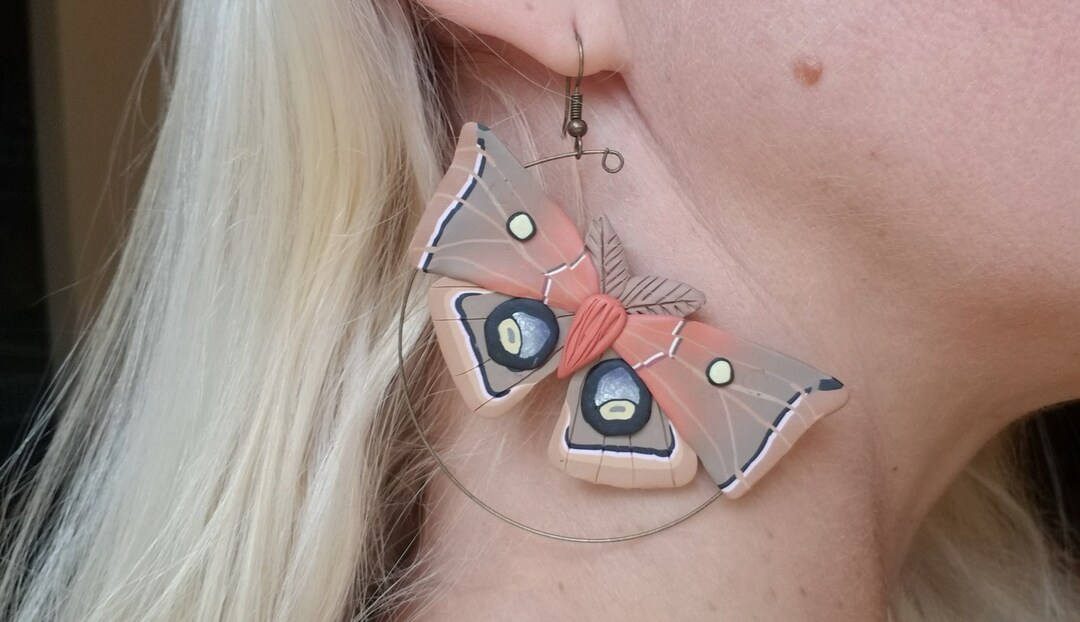 Polymer Clay Polyphemus Moth Statement Hoop Earrings, Polyphemus Moth ...