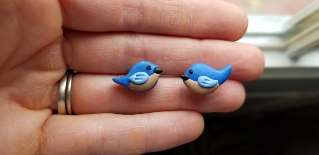 Handmade Polymer Clay Blue Bird Stud Earrings - Etsy