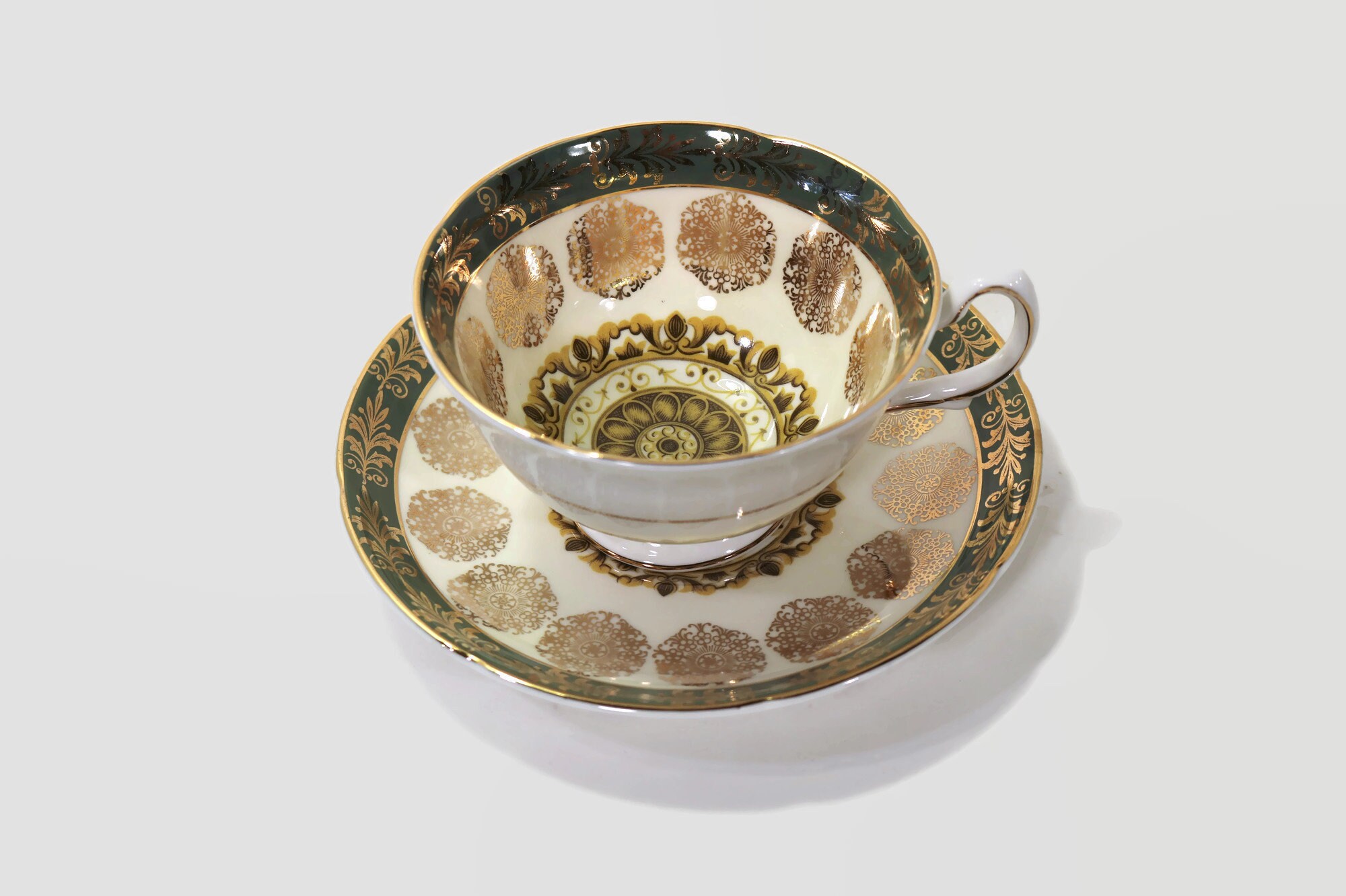 Royal Grafton Dark Green with Gold Medallion Tea Cup and Saucer Set