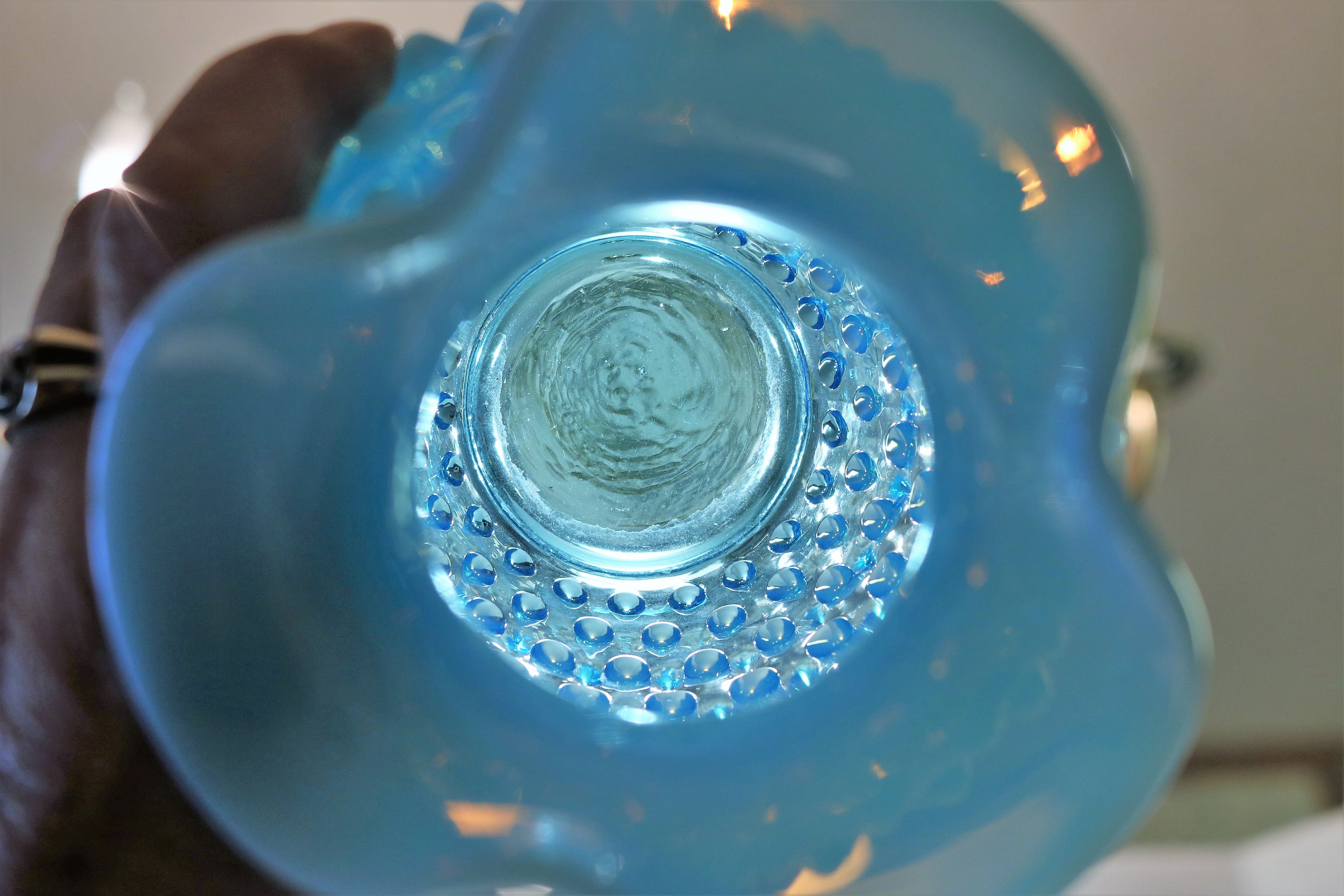 1940's Fenton Blue Opalescent Hobnail No. 389 5 1/2 Vase