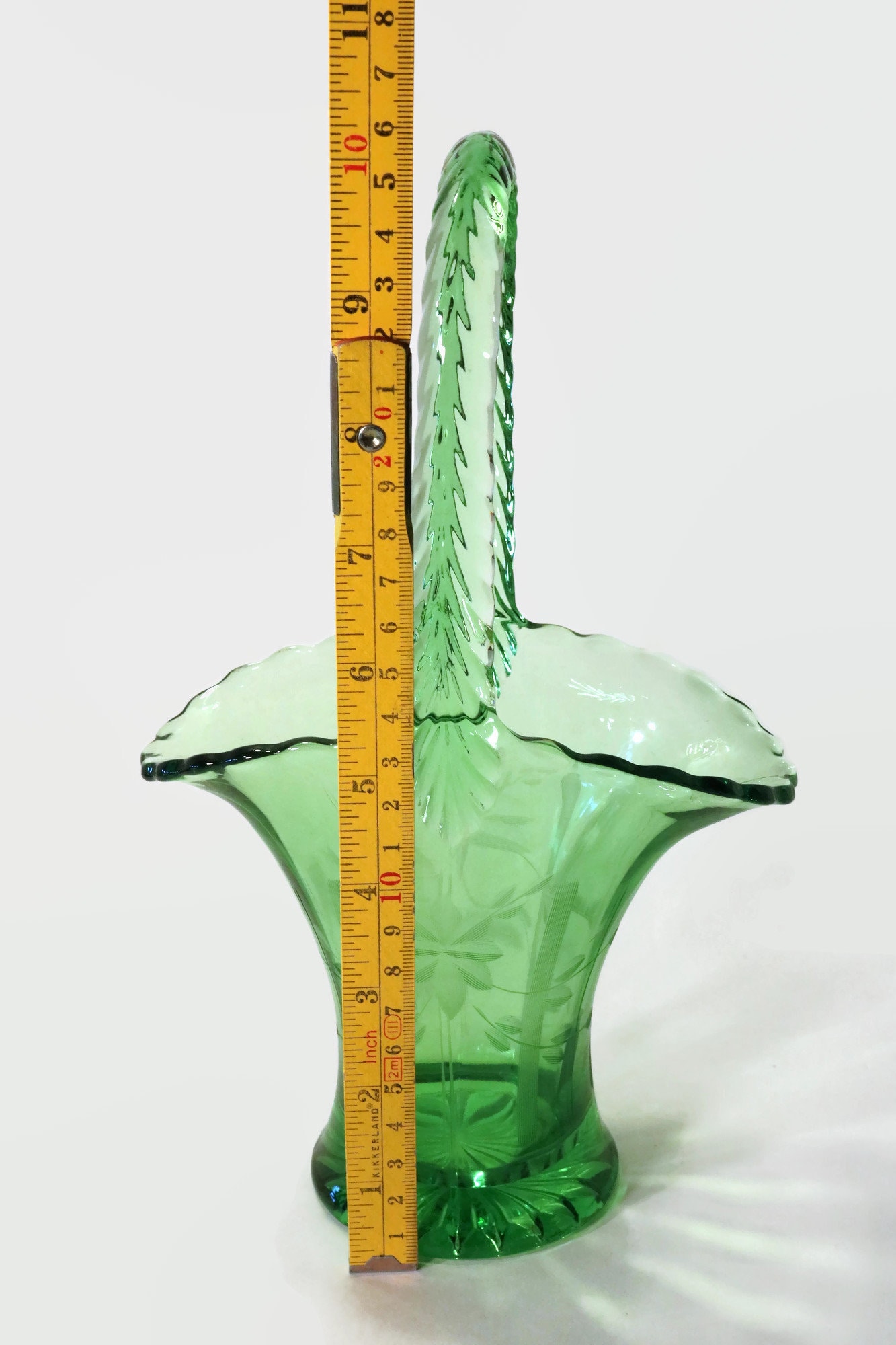 Vtg Duncan & Miller 10 1/4 Green Glass Bridal Basket Etched Flowers