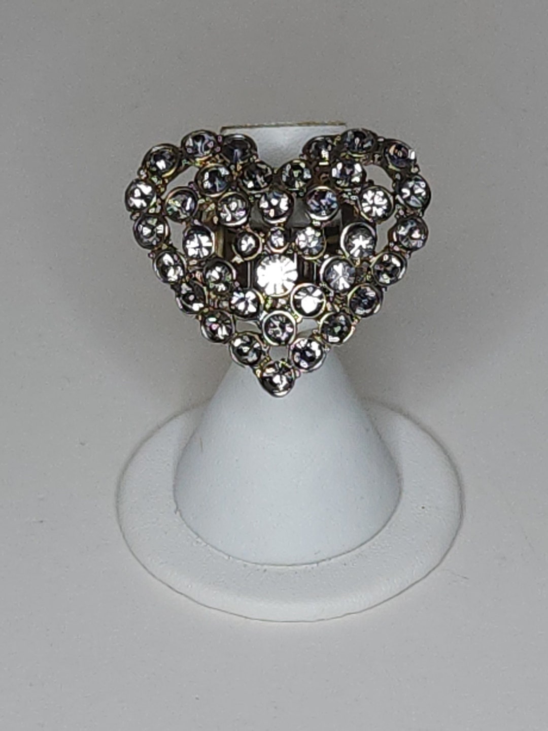 Vintage Silver Tone Heart Stretchy Statement Ring With Clear ...