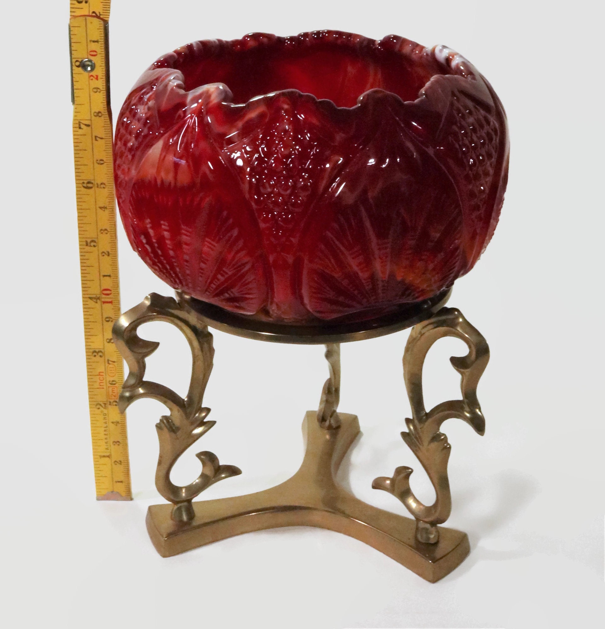 Rare Fenton Regency Red Ruby Marble Slag Rose Bowl and Brass Stand Made ...