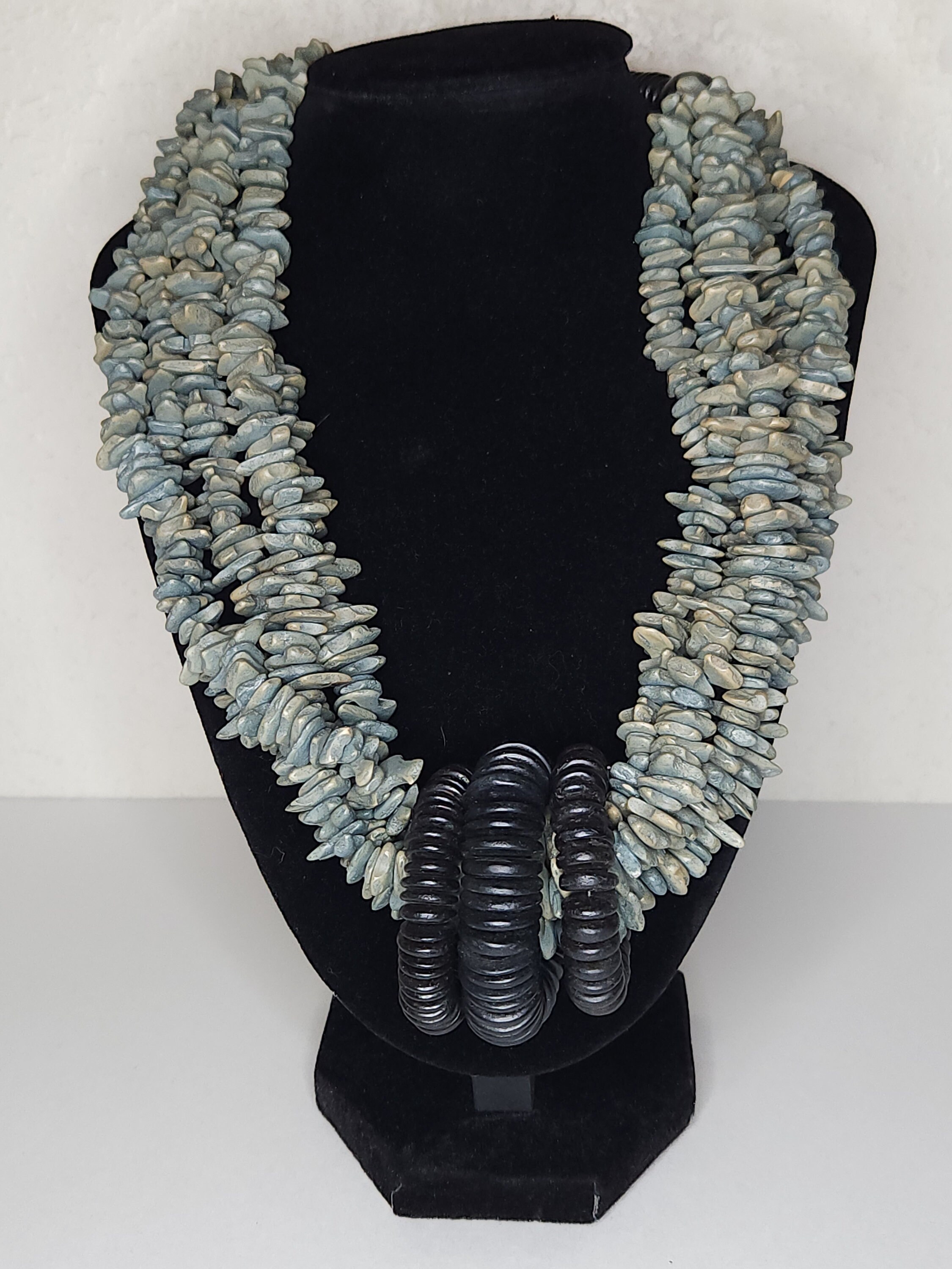 Vintage Green / Gray Stone Chip Multistrand Necklace with Black Saucer ...