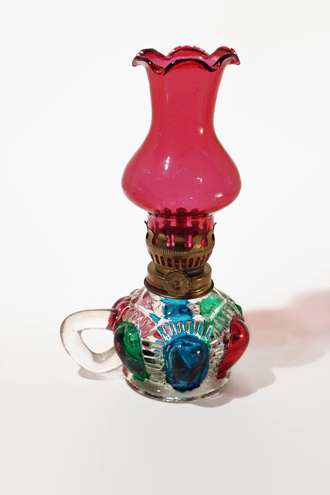 1950's Red Green Blue Jewel Toned 7” Oil Lamp Made In Hong Kong