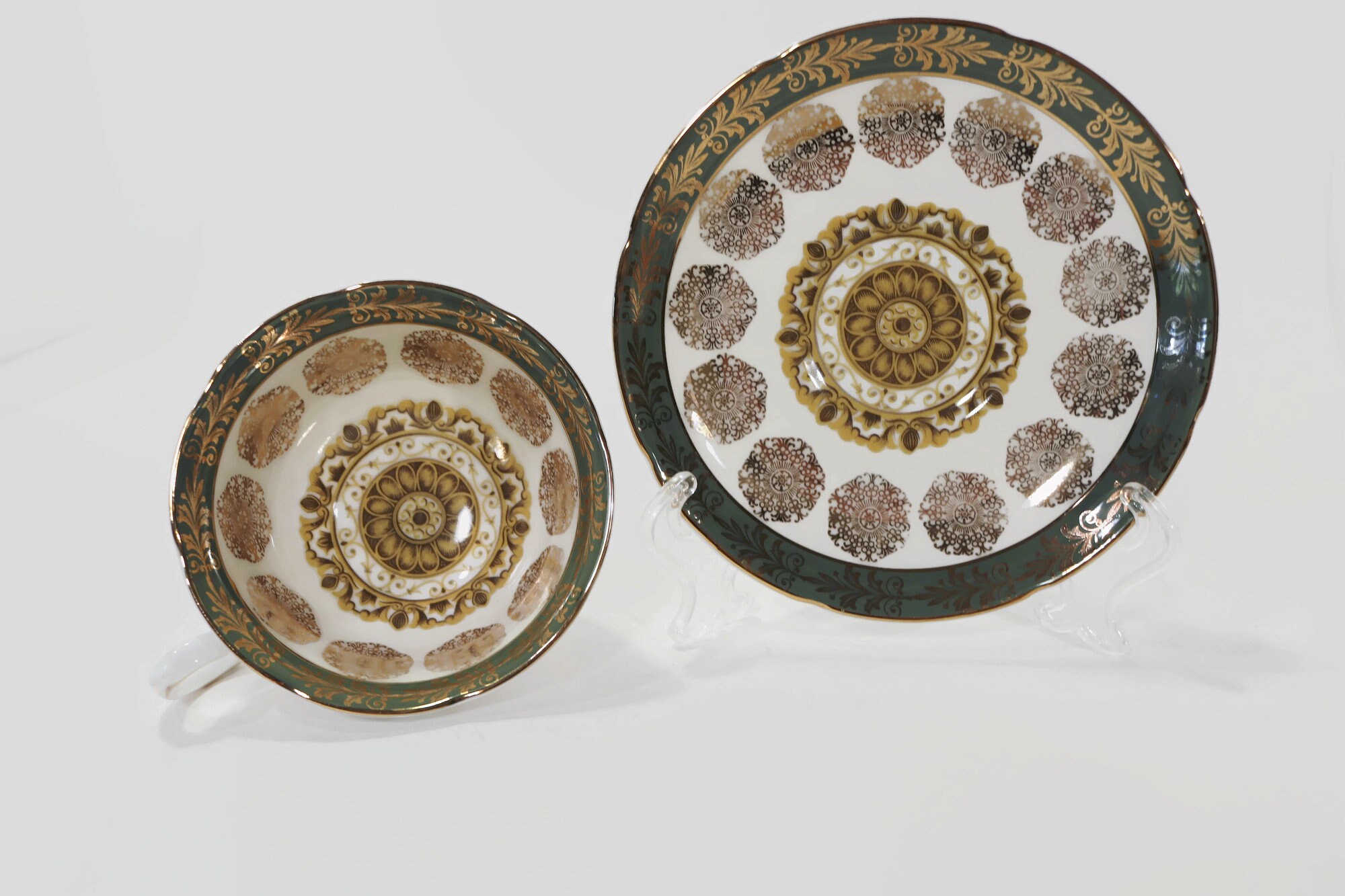 Royal Grafton Dark Green with Gold Medallion Tea Cup and Saucer Set