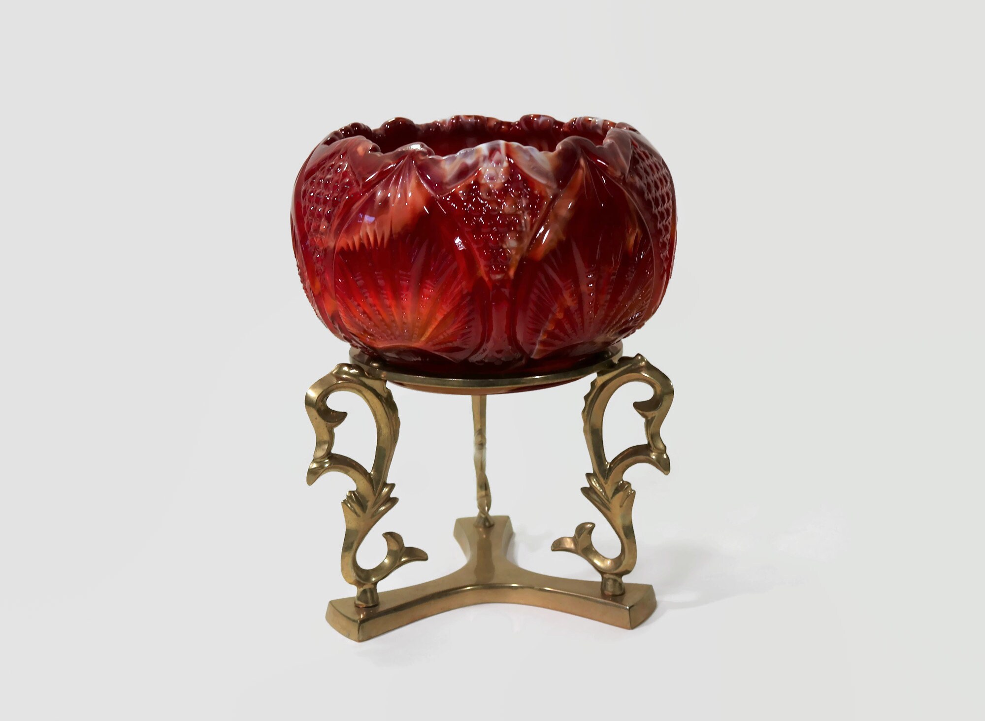 Rare Fenton Regency Red Ruby Marble Slag Rose Bowl and Brass Stand Made ...