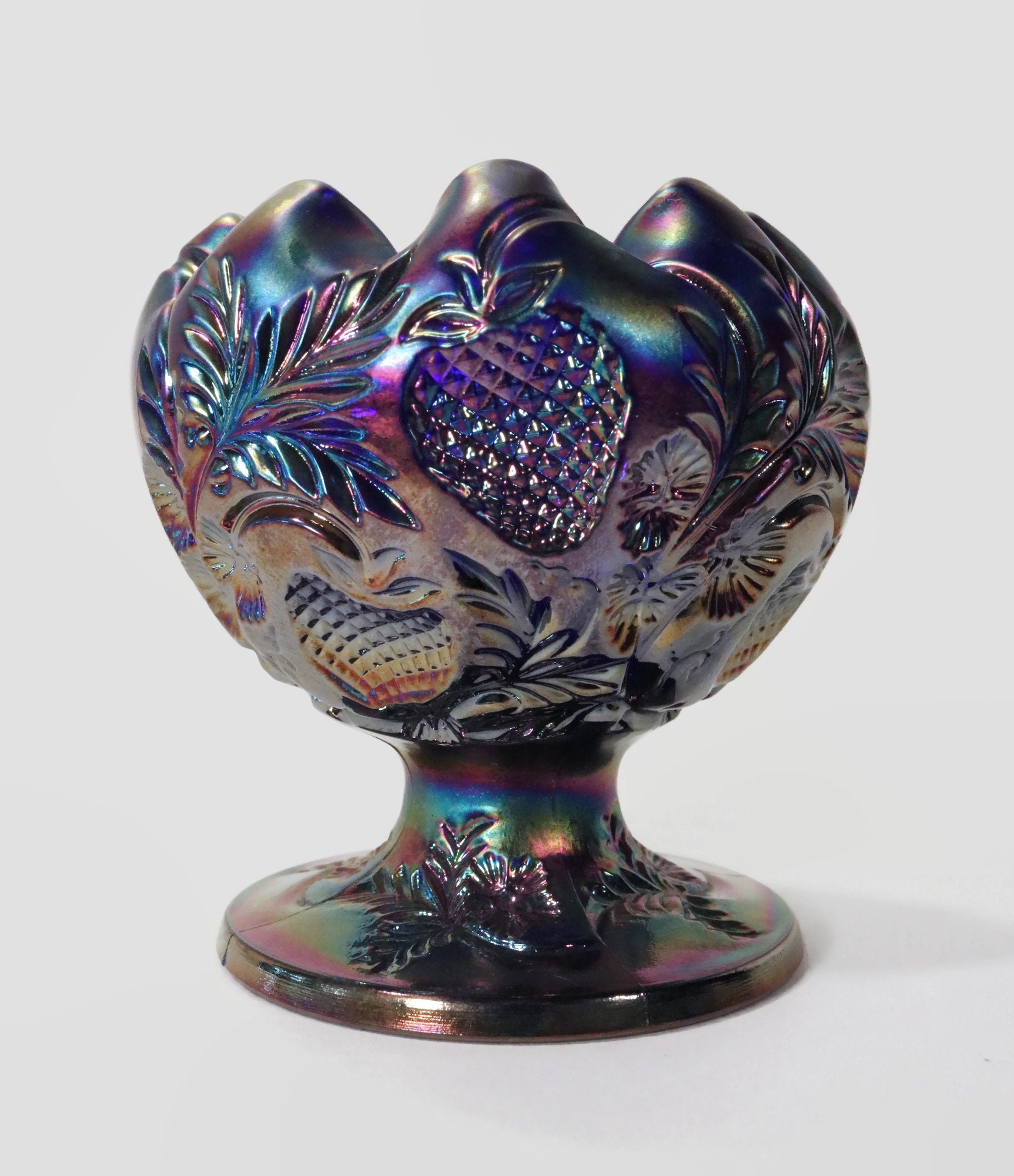 1980's Fenton Inverted Strawberry Stemmed Rose/Ivy Bowl in Blue ...