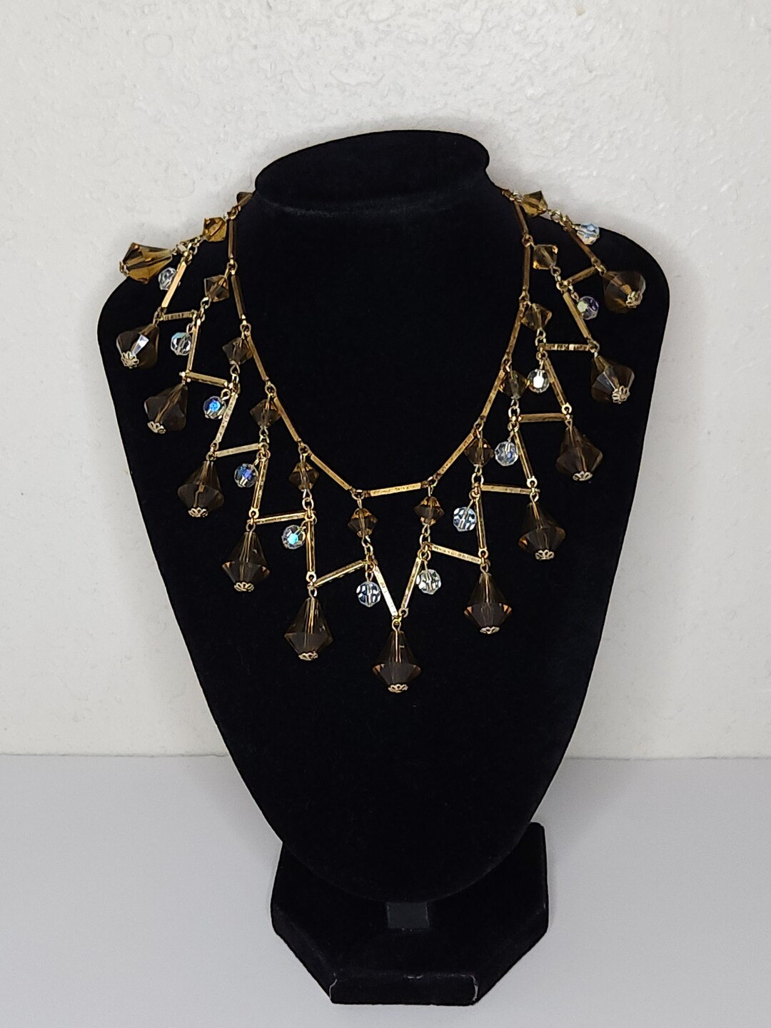 Vintage Gold Tone Triangular Fringe Bib Necklace With Brown and Clear ...