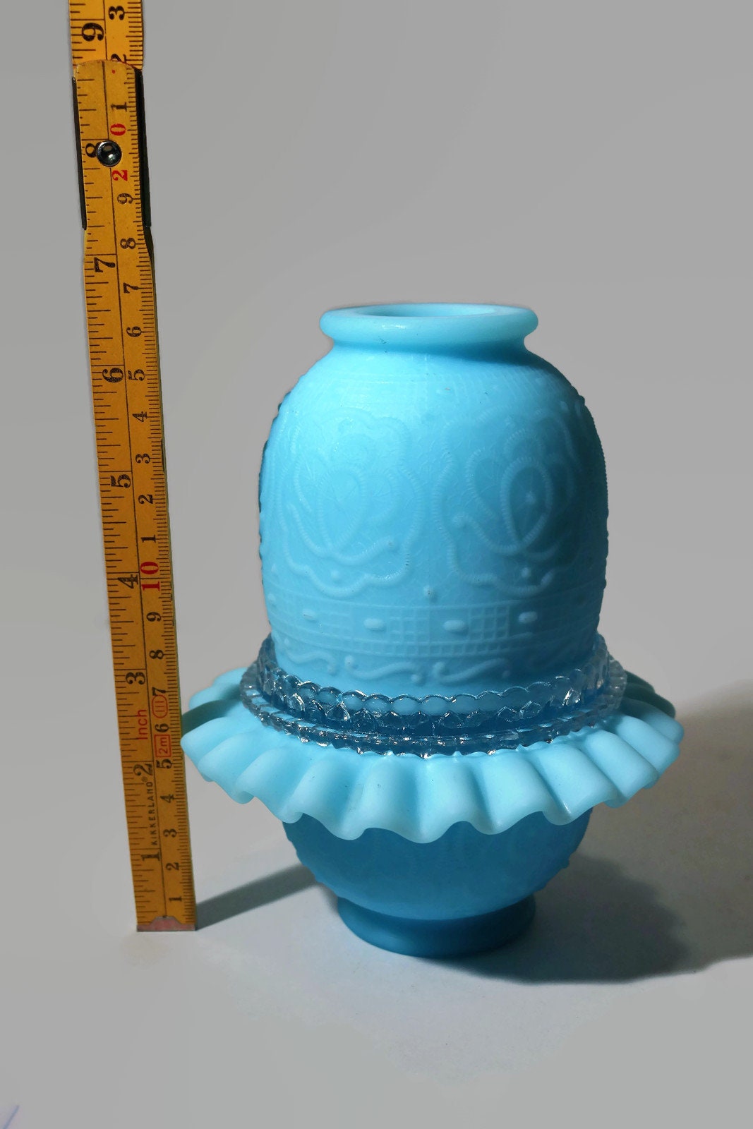 1970's Fenton Blue Satin Persian Medallion 6 1/2 Fairy Lamp/Light 3 pc