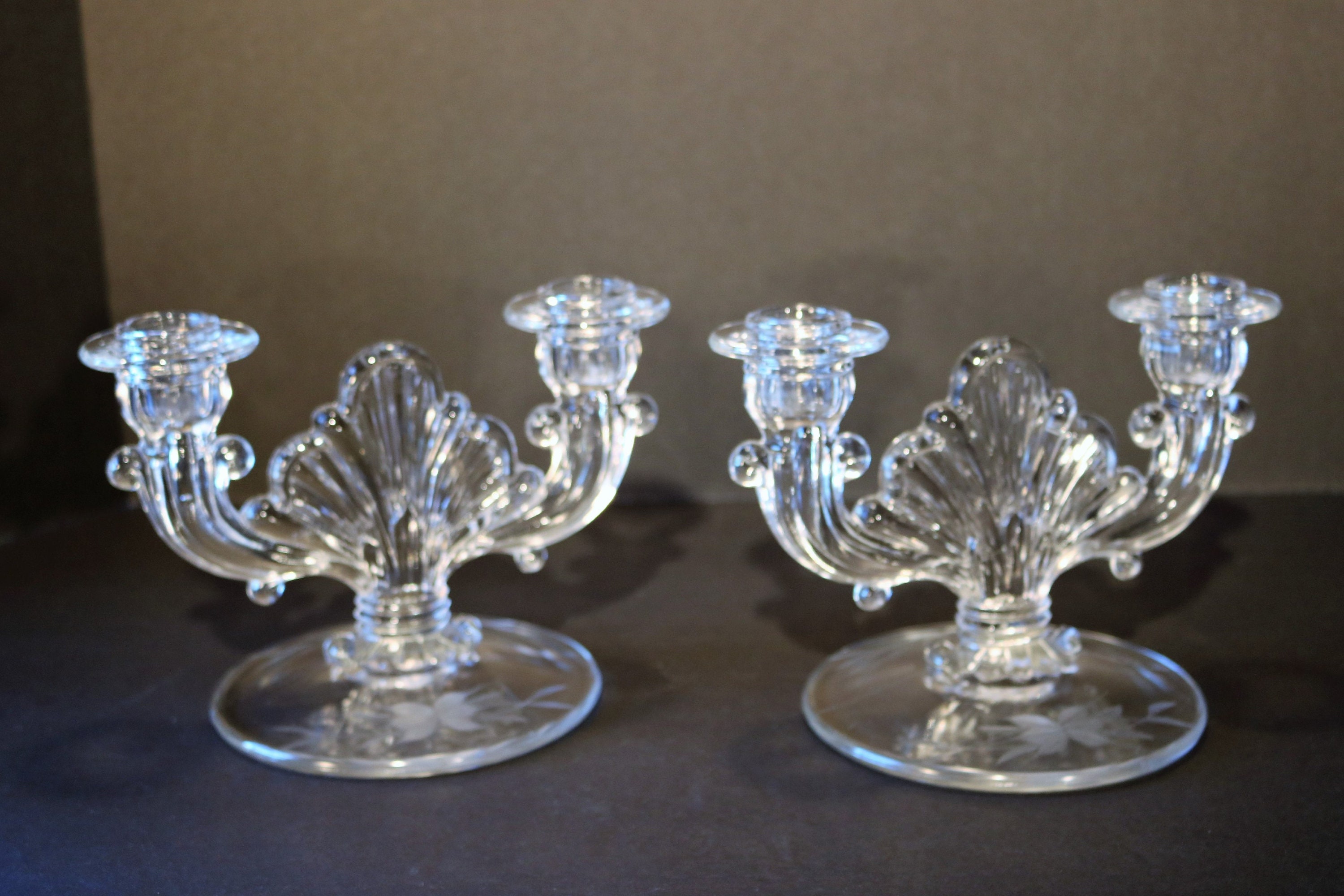 Vintage Etched Glass Double Candle Holders With Fanned Center