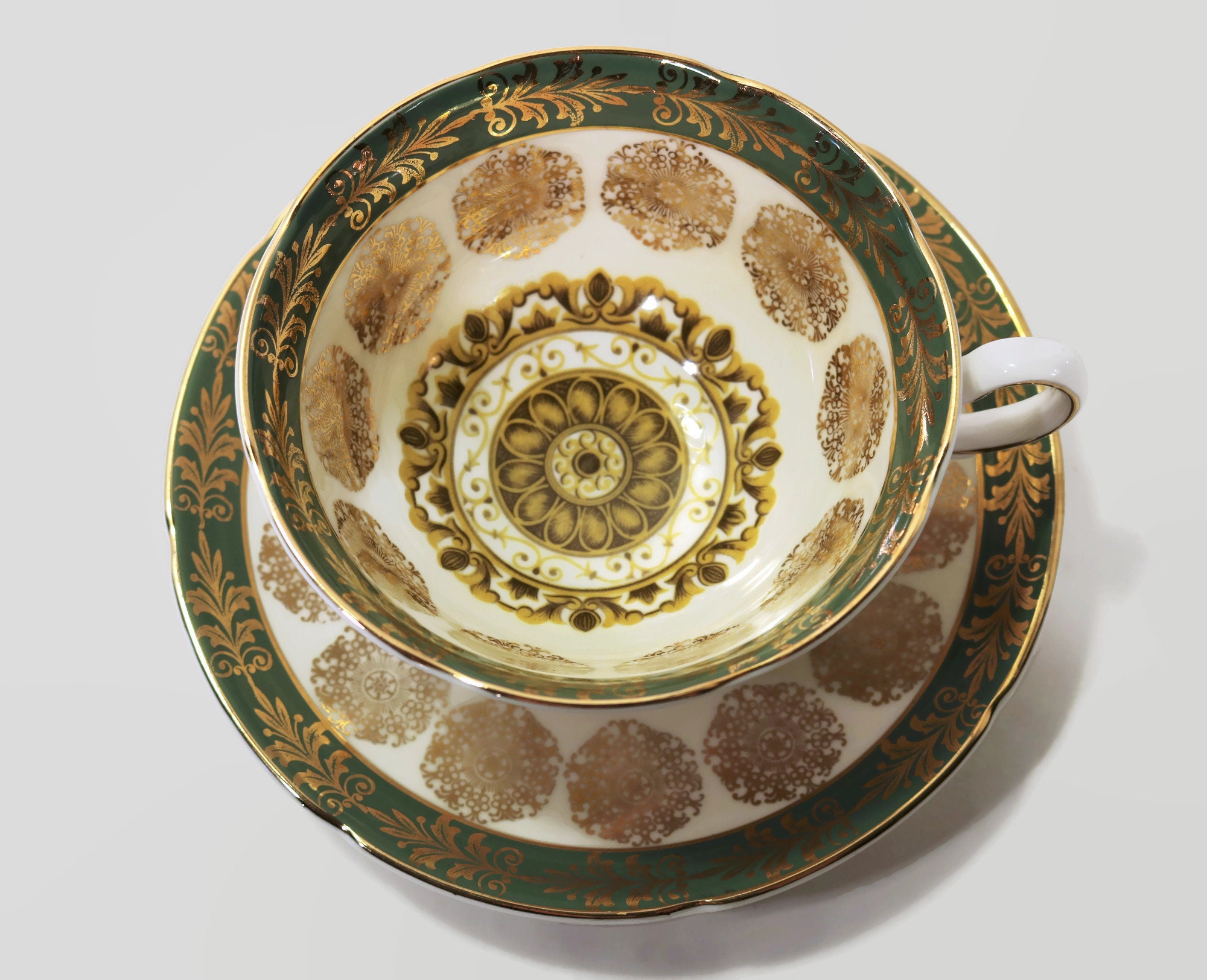 Royal Grafton Dark Green with Gold Medallion Tea Cup and Saucer Set