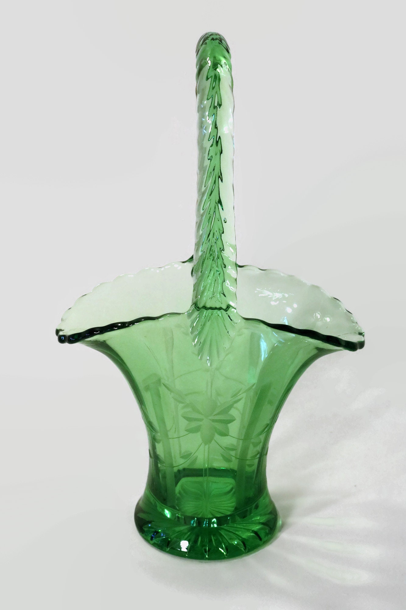 Vtg Duncan & Miller 10 1/4 Green Glass Bridal Basket Etched Flowers