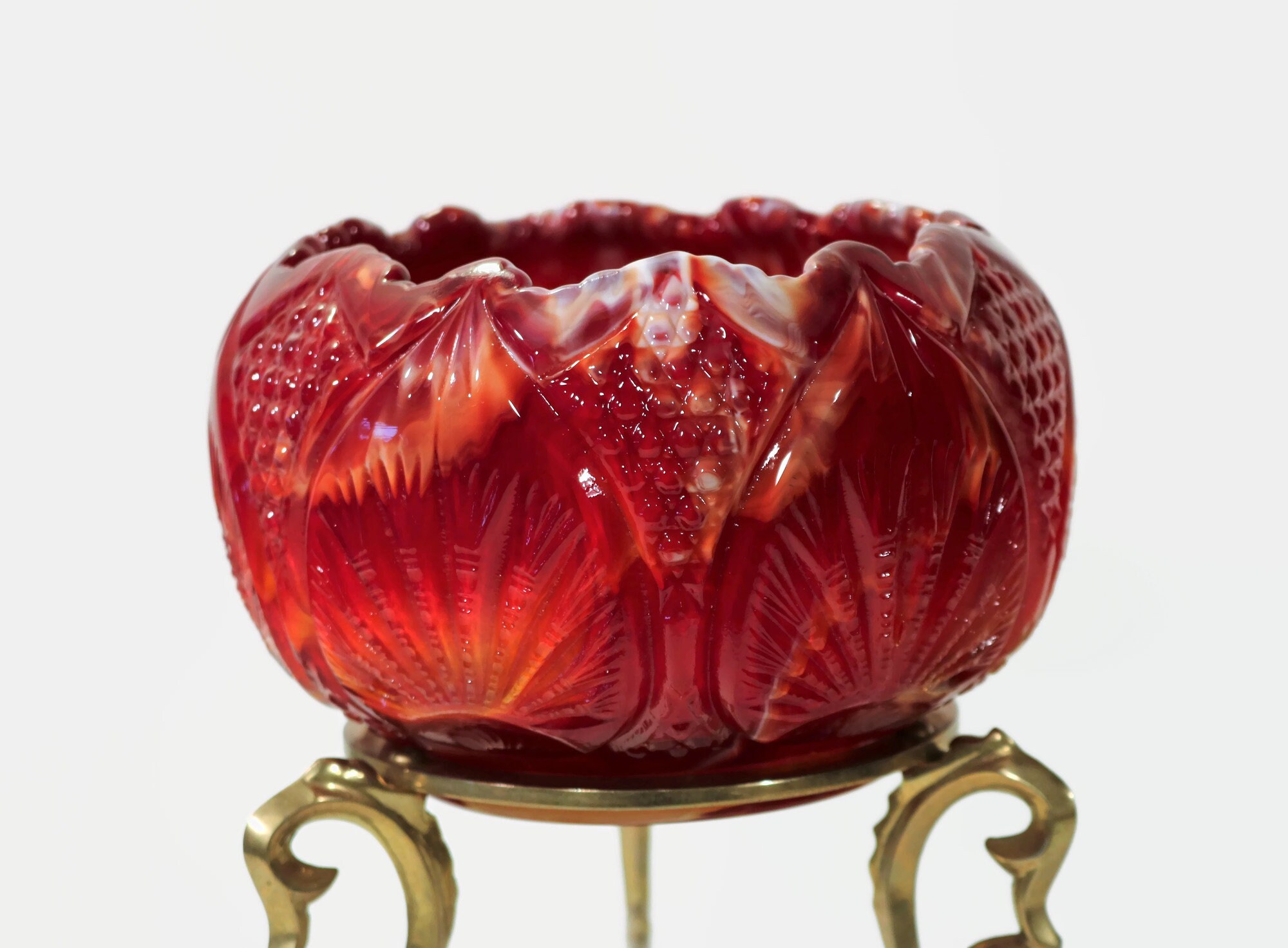Rare Fenton Regency Red Ruby Marble Slag Rose Bowl and Brass Stand Made ...