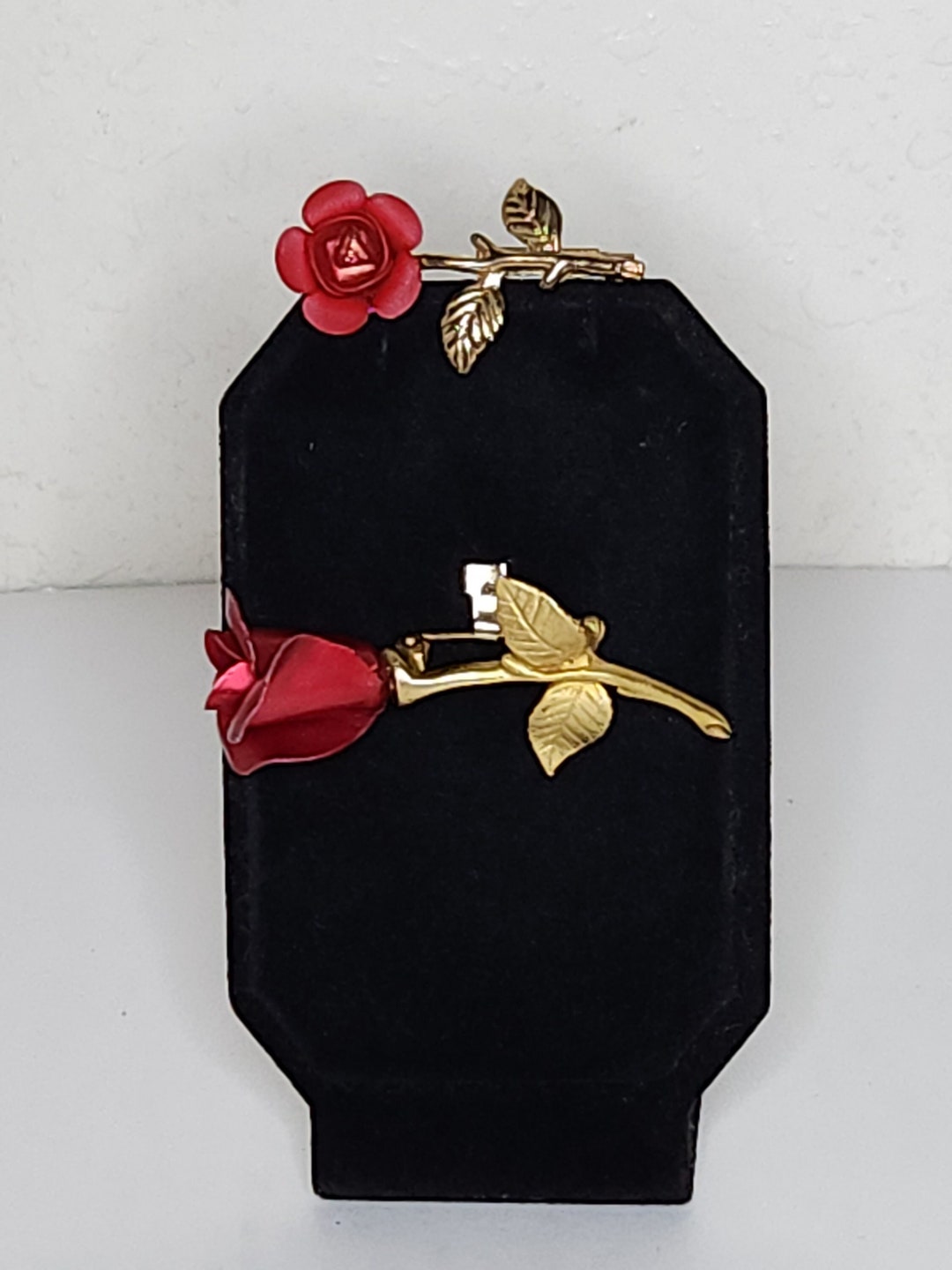 Vintage Avon Signed Gold Tone and Red Rose Brooch With Smaller Unmarked Gold Tone and Red Rose ...