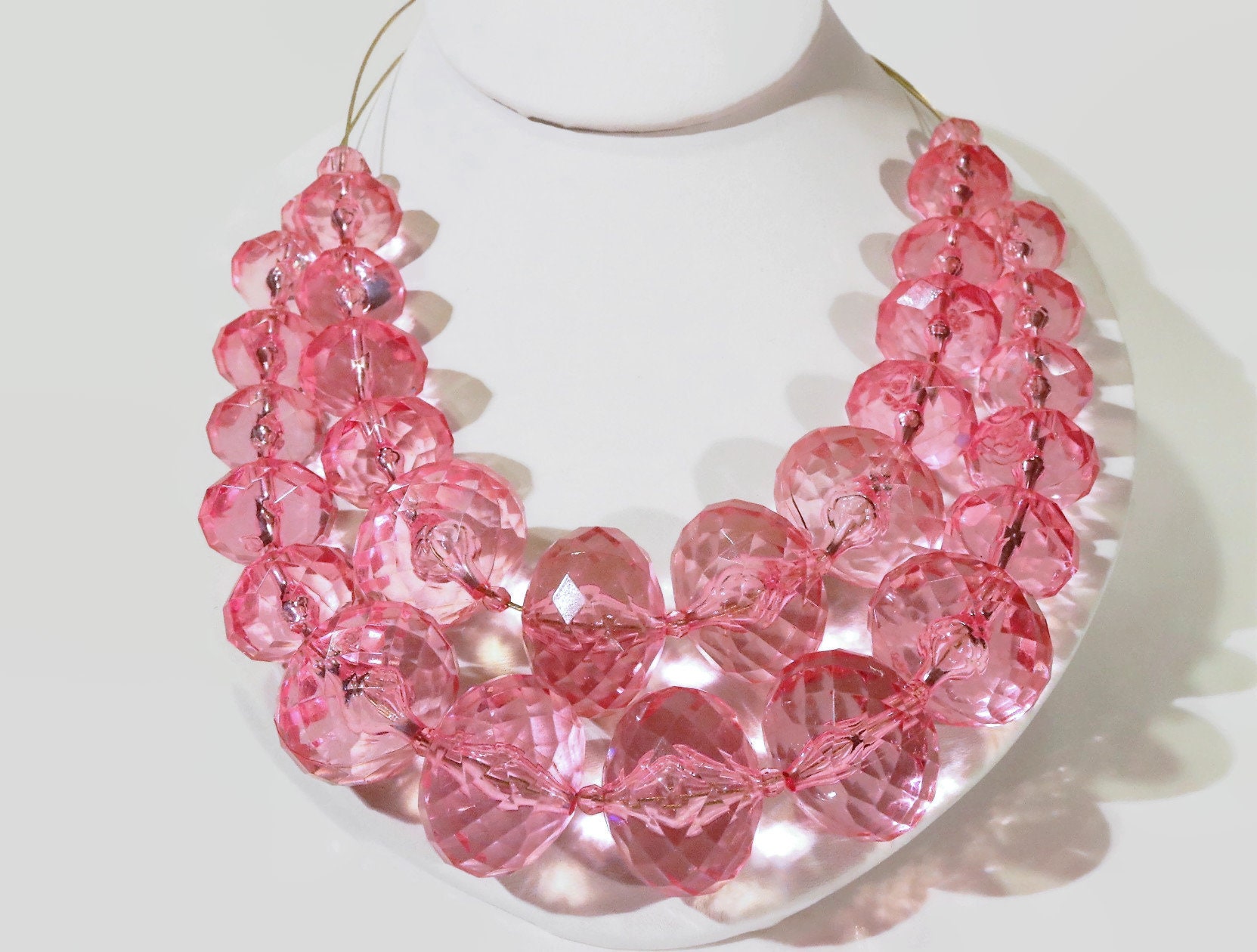 Joan Rivers Pink Lucite Plastic Faceted Bead Two Strand Statement ...