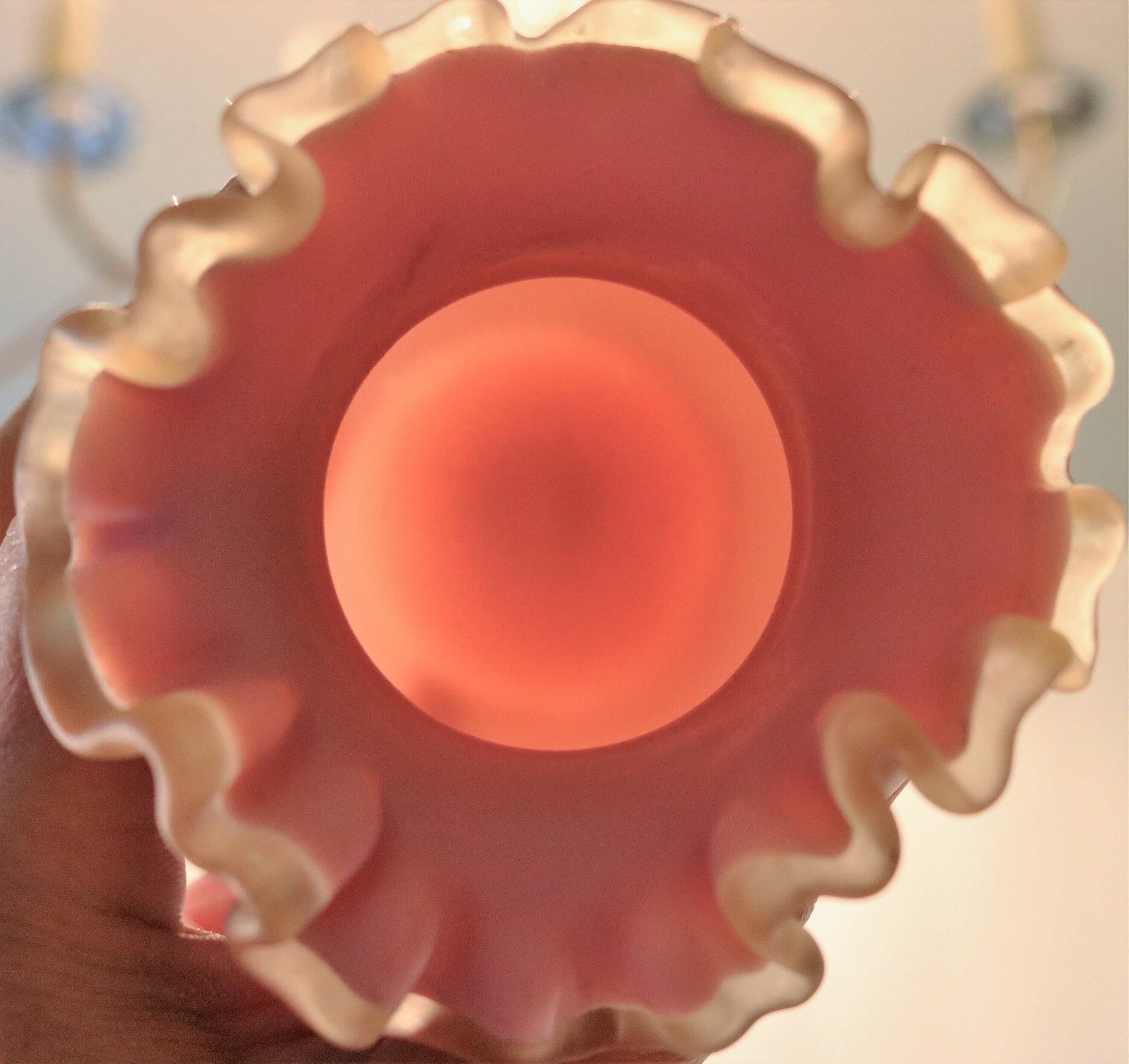 Victorian Pink Satin Glass 5 Vase with Ruffled Edge