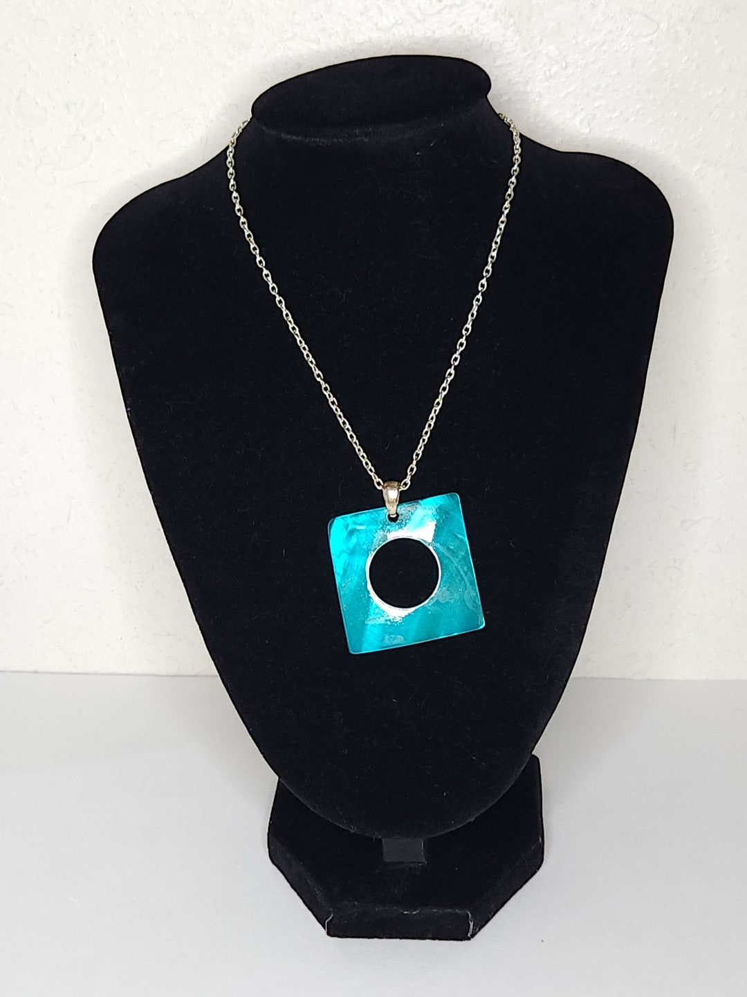 Vintage Shimmery Turquoise Blue Square Pendant With Circle Cutout on ...