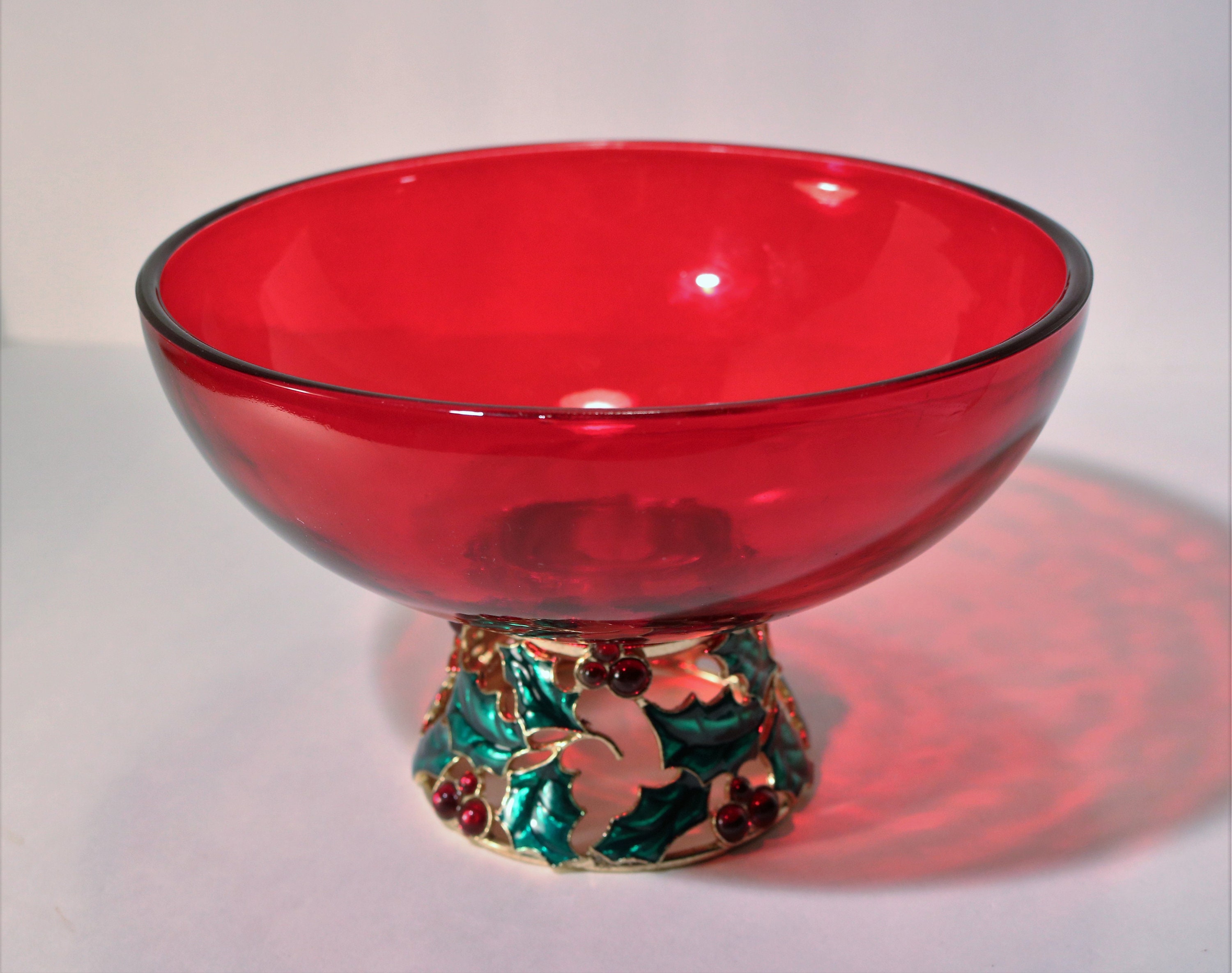 1980's Teleflora Ruby Red Christmas Compote Bowl on Golden Enameled ...
