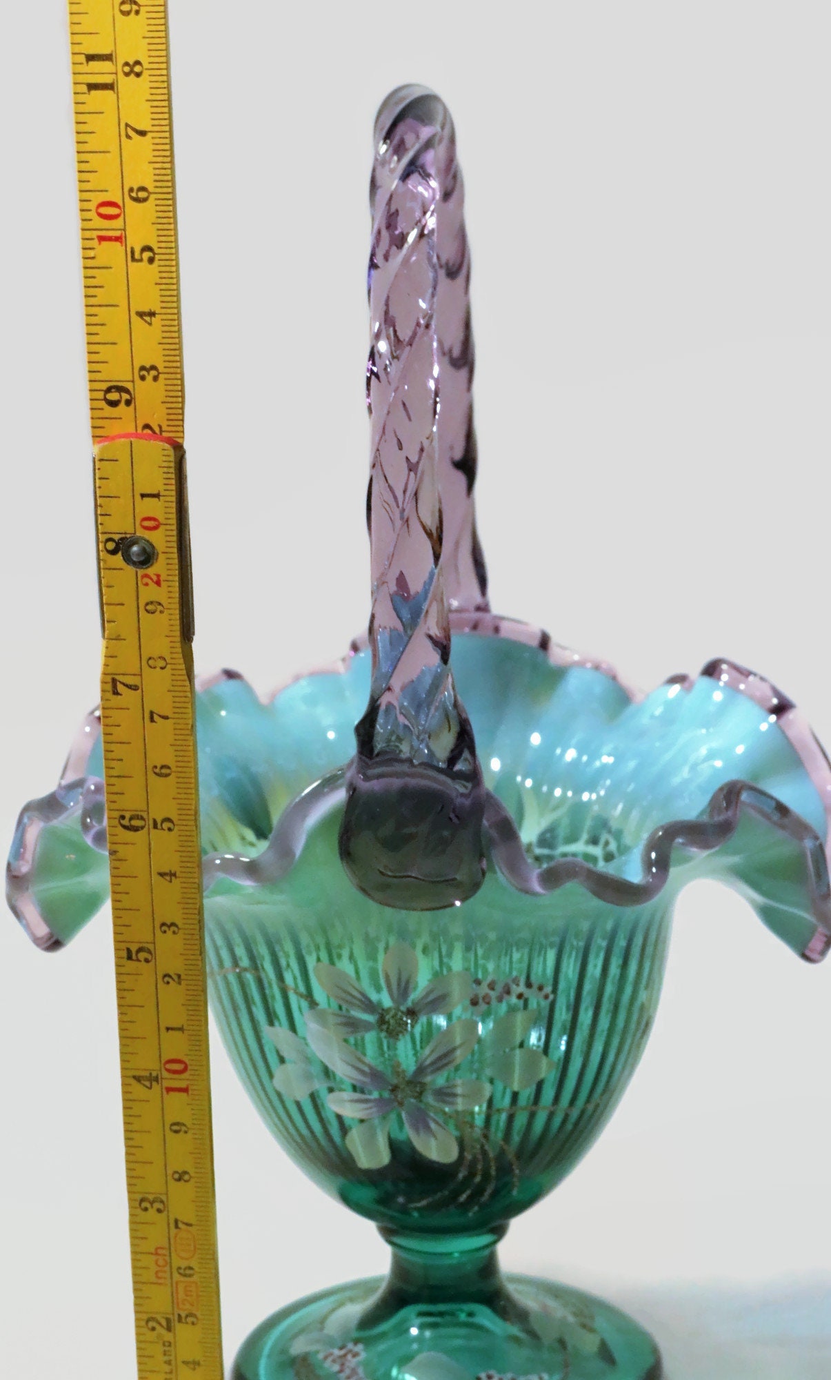 1999 Fenton Glass New Century Spruce Green Opalescent Violet Crest Rib ...