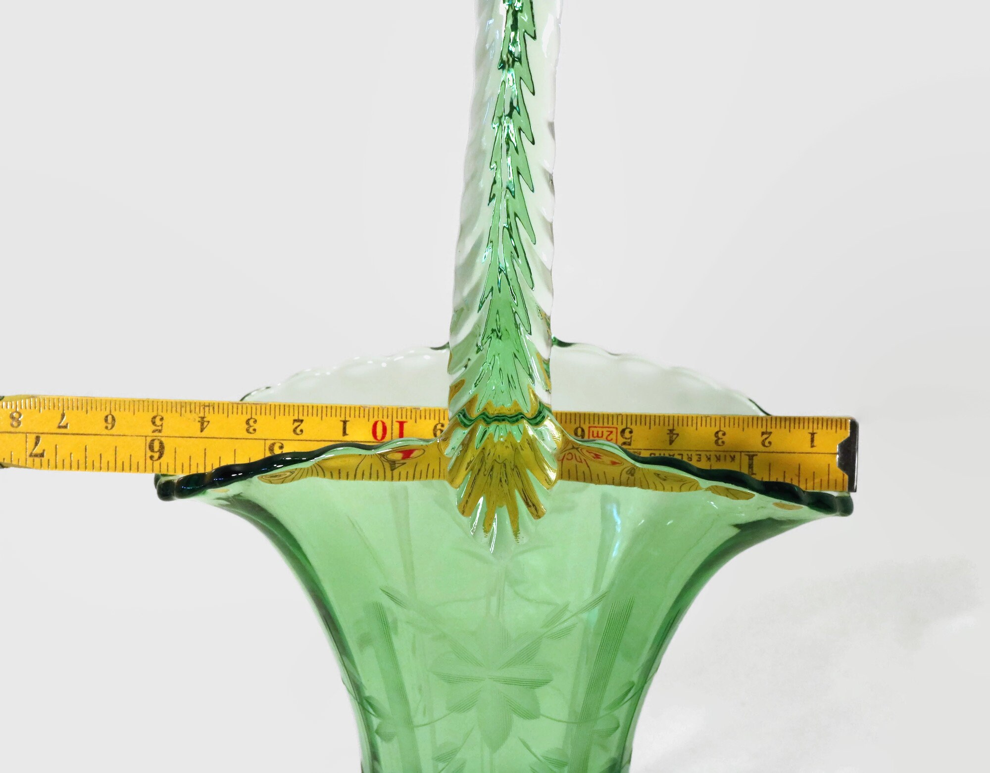 Vtg Duncan & Miller 10 1/4 Green Glass Bridal Basket Etched Flowers