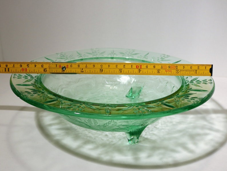 1930's US Glass Rose and Thorn 10 3/4" Green Depression Glass Footed ...