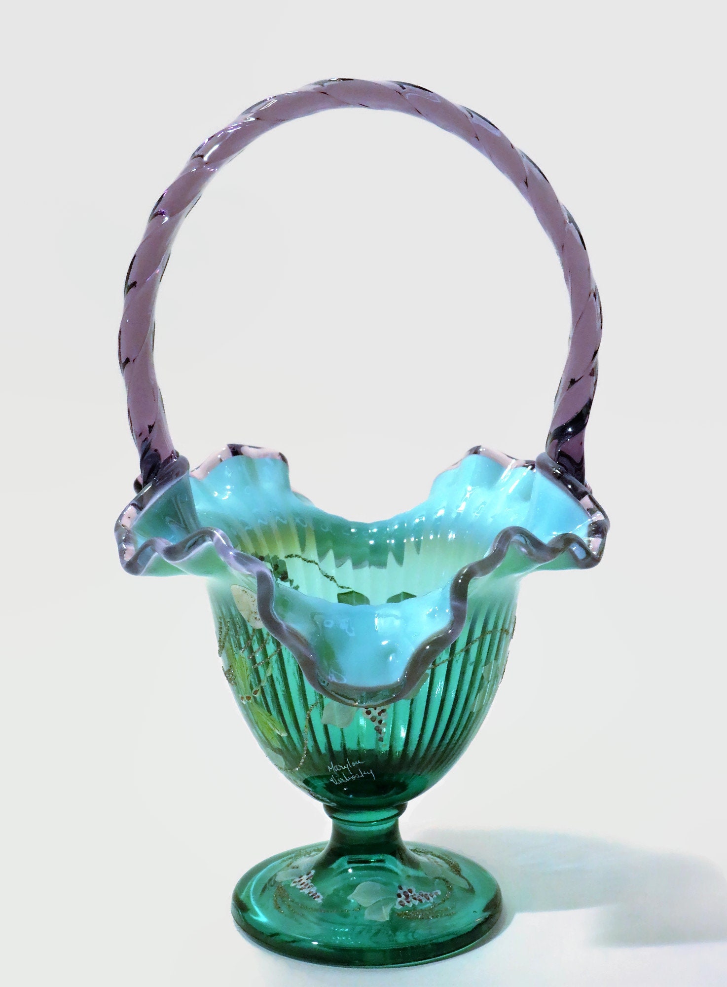 1999 Fenton Glass New Century Spruce Green Opalescent Violet Crest Rib ...