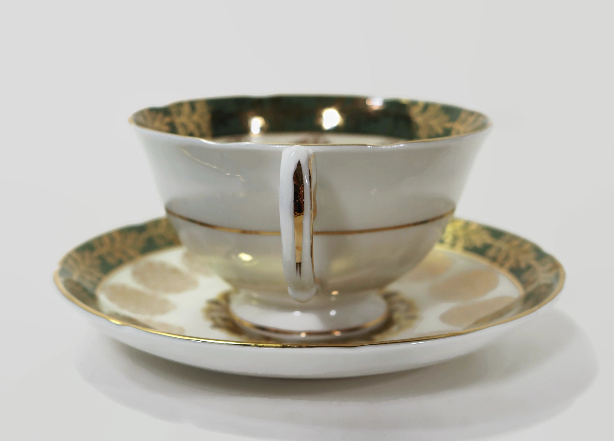 Royal Grafton Dark Green with Gold Medallion Tea Cup and Saucer Set
